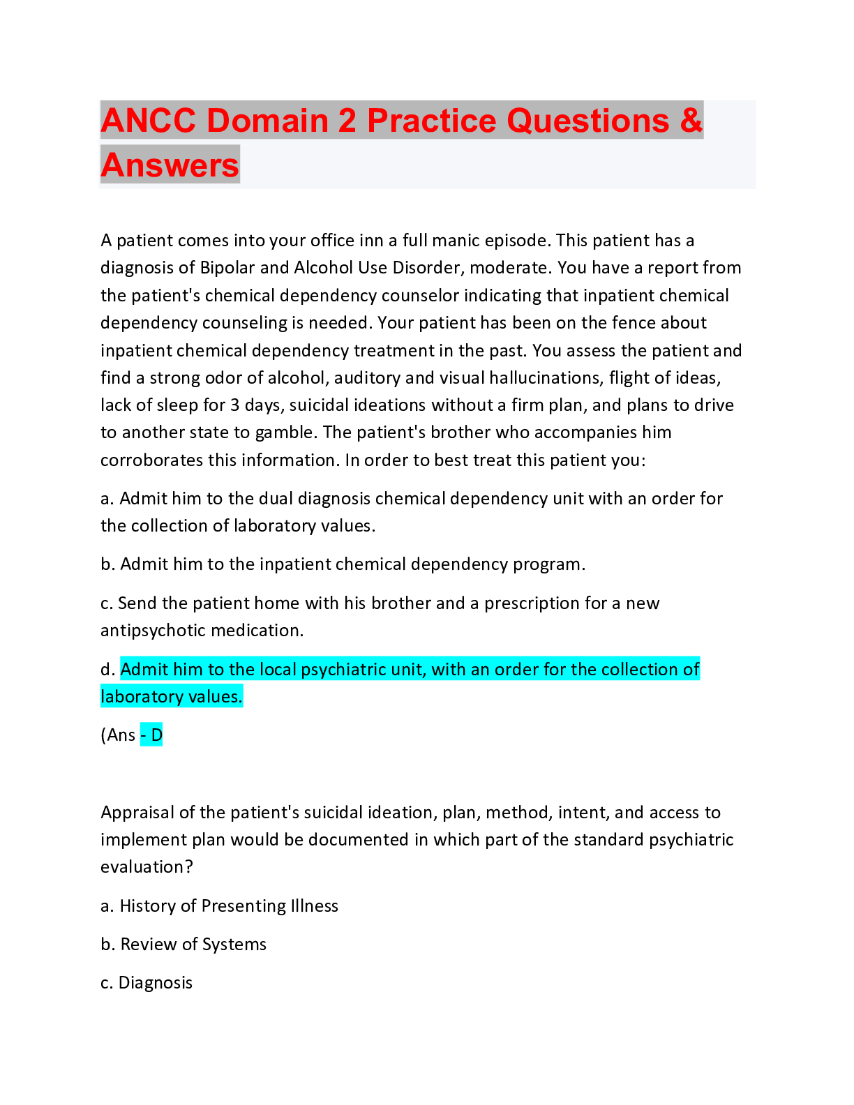 ANCC Domain 2; ANCC Domain 2 Practice Questions & Answers; Guaranteed ...