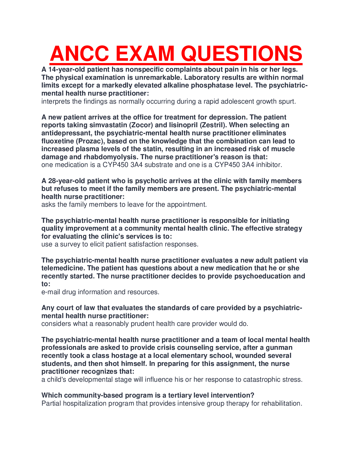 ANCC EXAM QUESTIONS AND ANSWERS TO HELP YOU IN YOUR EXAM STUDY ...