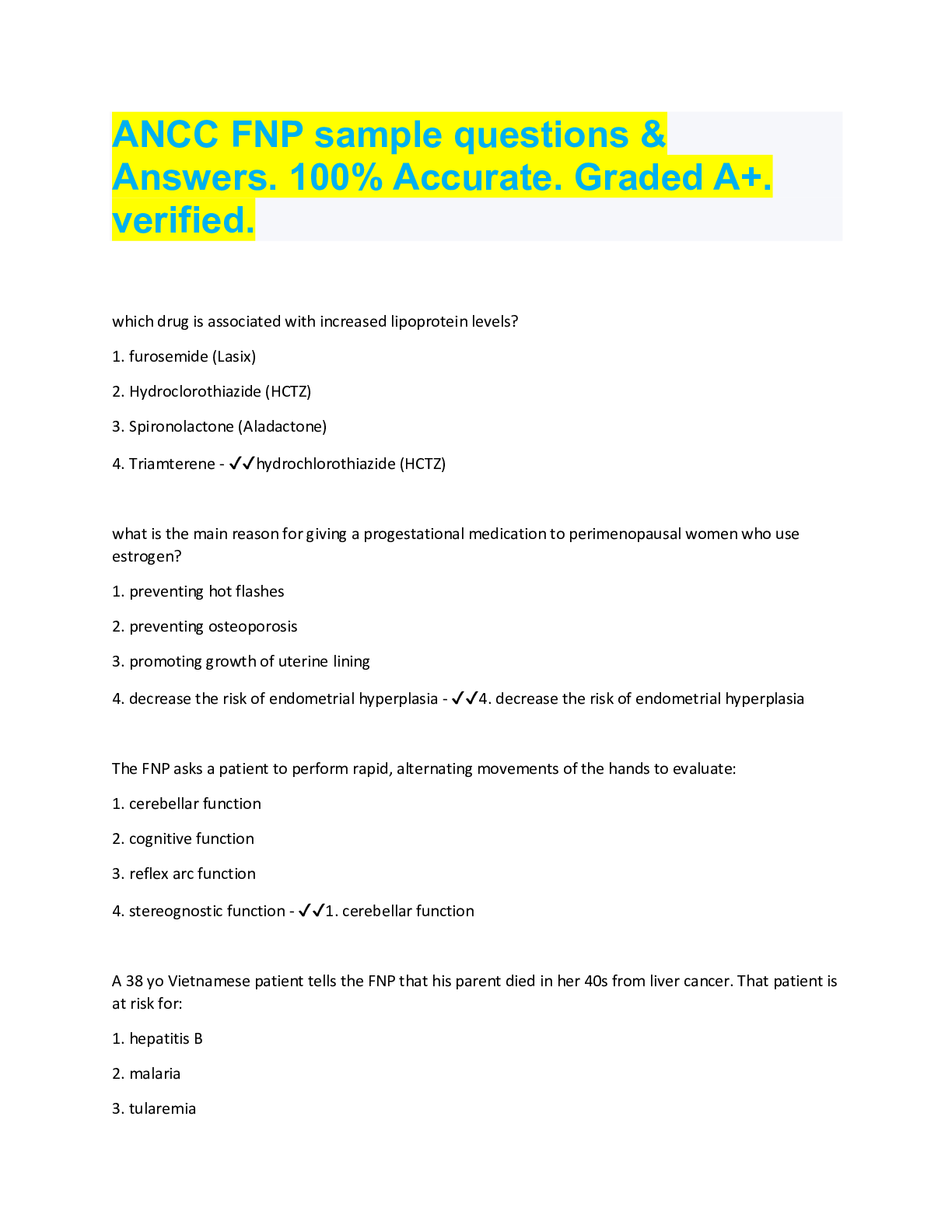 ANCC FNP sample questions & Answers. 100% Accurate. Graded A+. verified ...