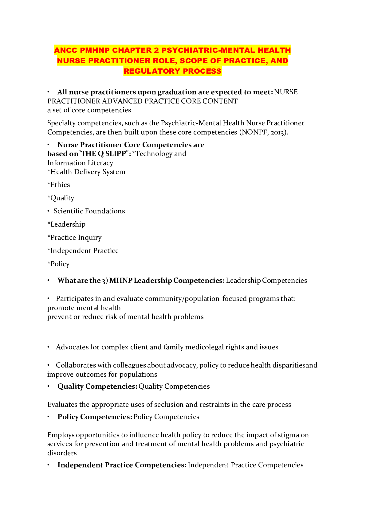 ANCC PMHNP CHAPTER 2 PSYCHIATRIC-MENTAL HEALTH NURSE PRACTITIONER ROLE ...