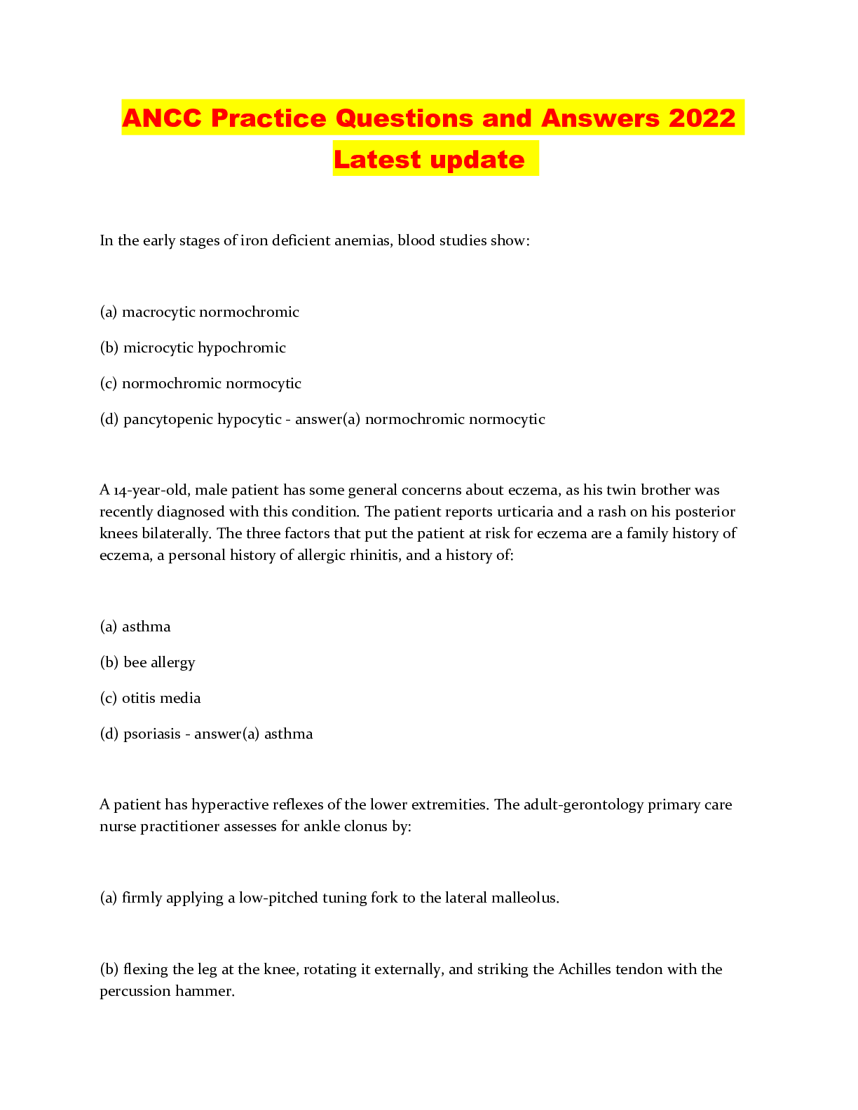 ANCC Practice Questions and Answers 2022 Latest update - Scholarfriends