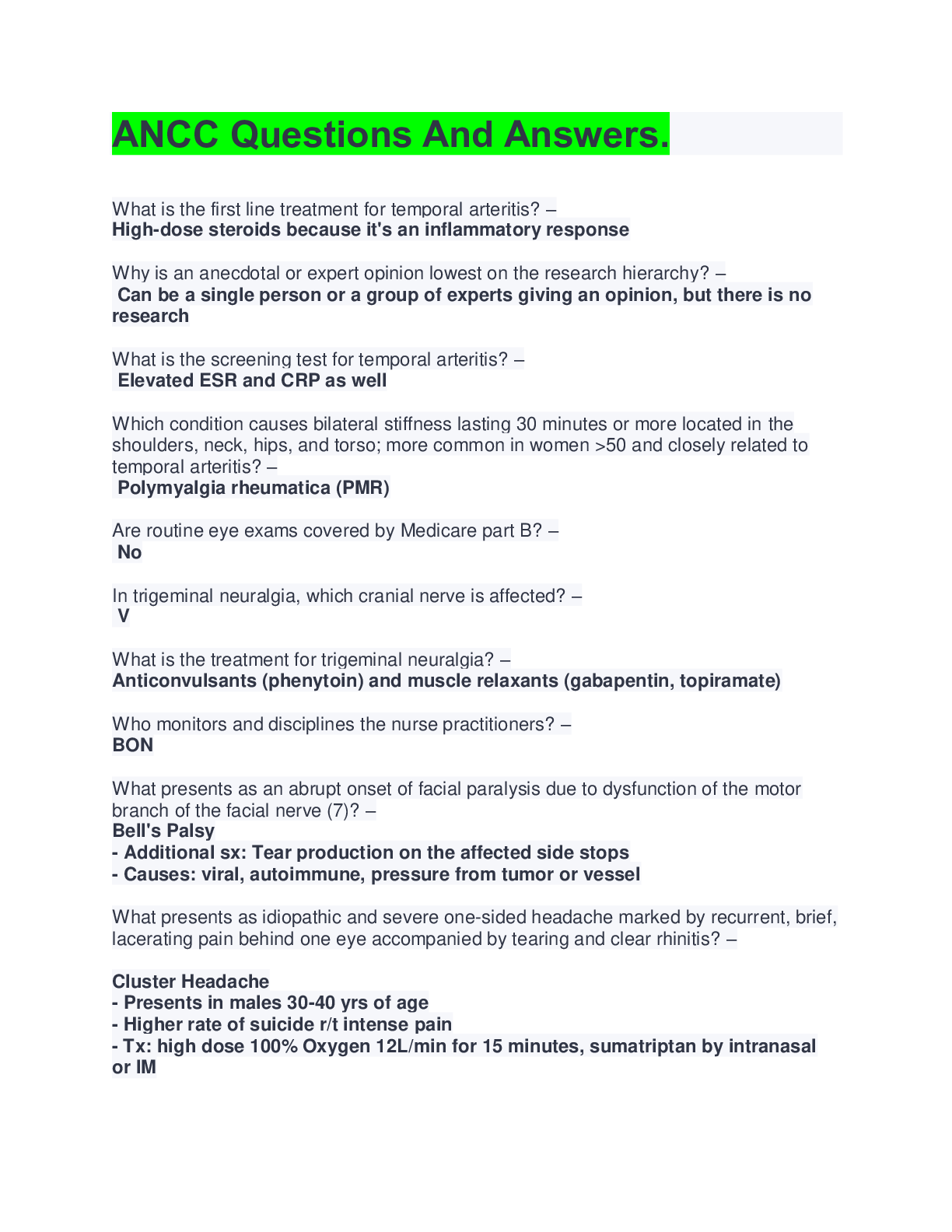 ANCC FNP Exam Review Questions LEIK part 1 (Questions And Answers ...