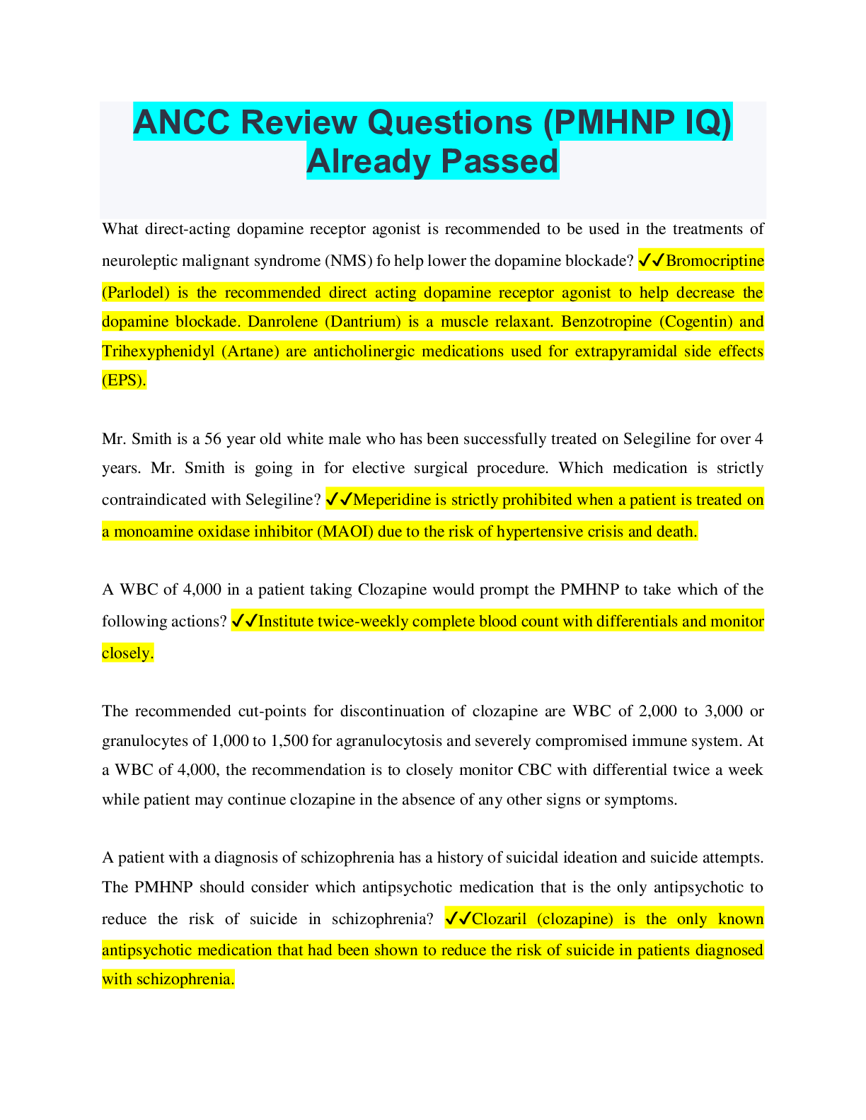 ANCC Review Questions (PMHNP IQ) Already Passed – Scholarfriends ...