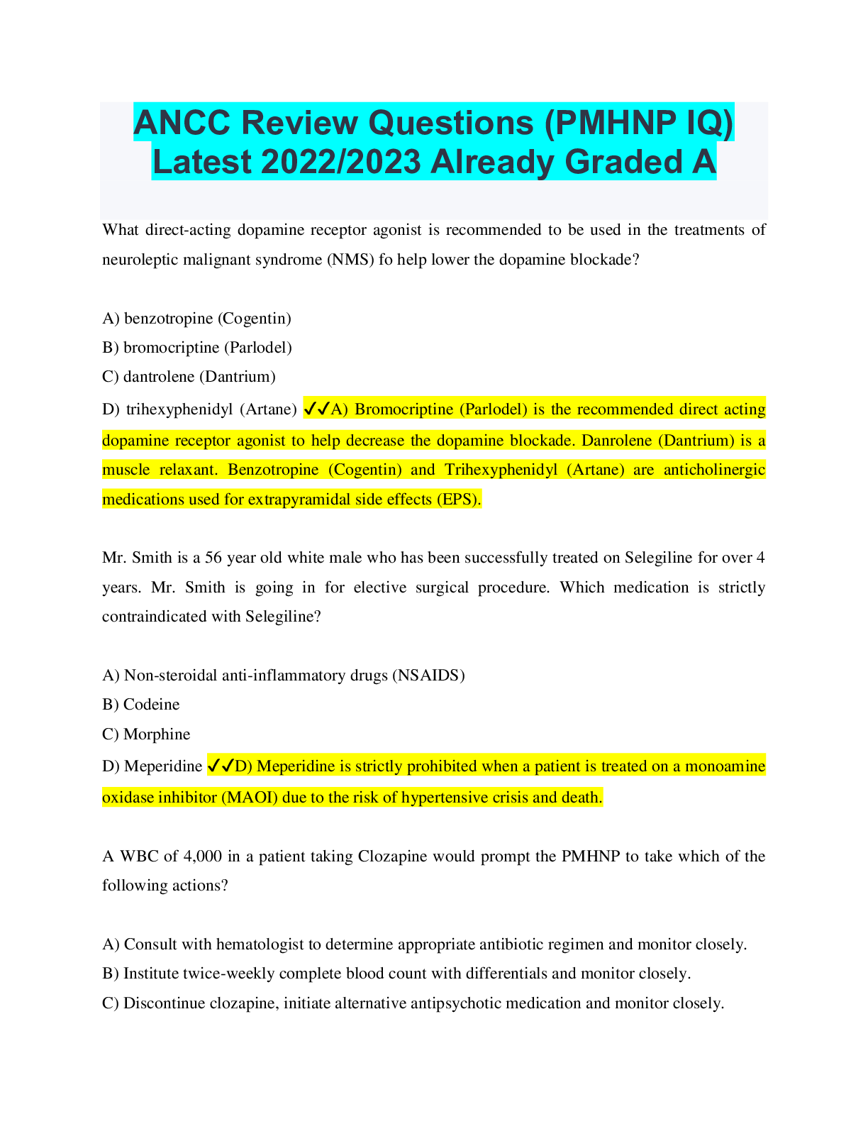 ANCC Review Questions (PMHNP IQ) Latest 2022/2023 Already Graded A ...