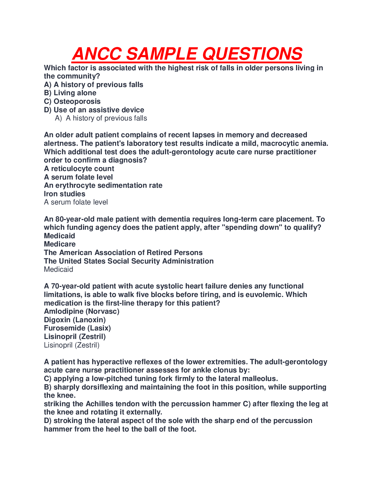 ANCC SAMPLE QUESTIONS AND ANSWERS COMPLETE QUIDE SOLUTION. - Scholarfriends