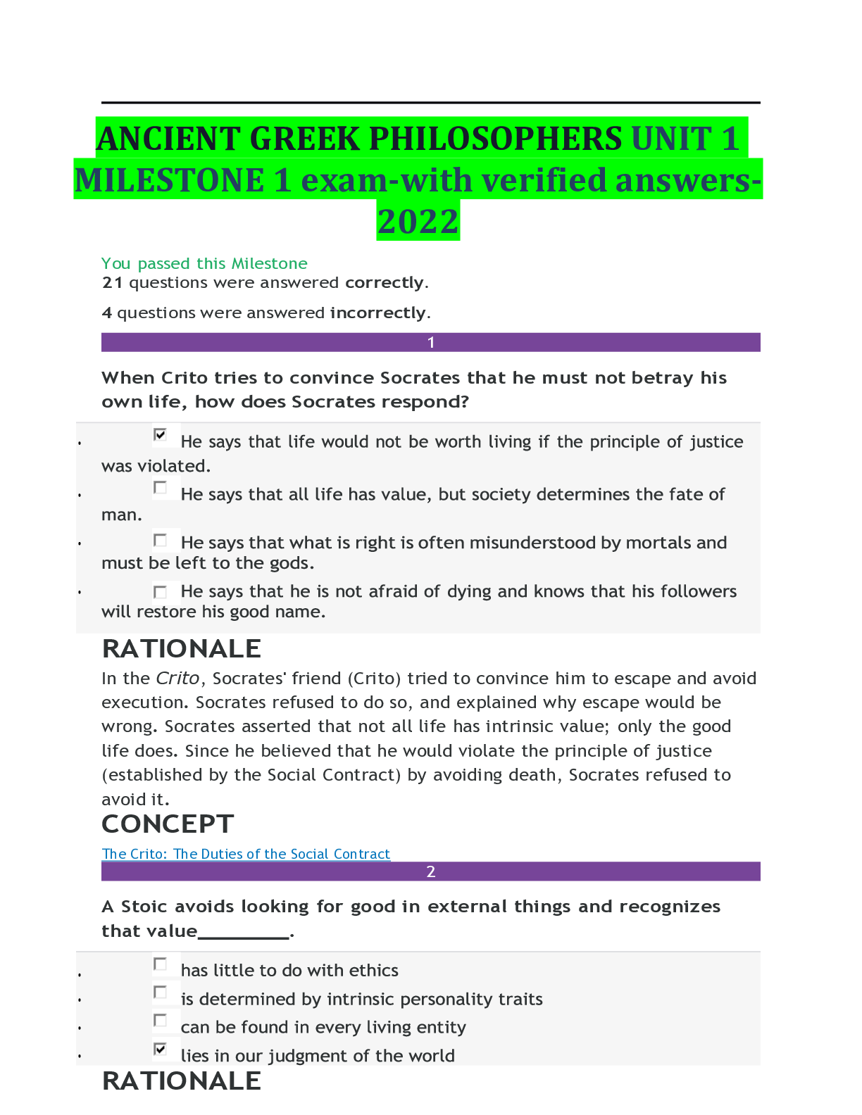 ANCIENT GREEK PHILOSOPHERS UNIT 1 MILESTONE 1 exam-with verified ...