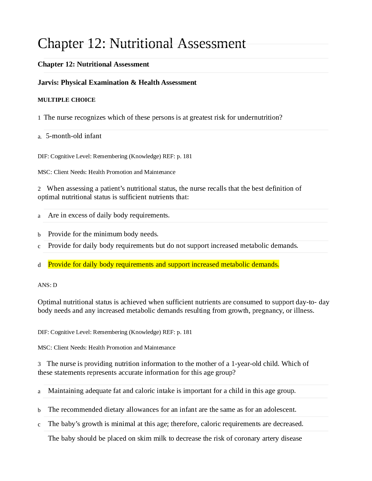 PHYSICAL EXAMINATION AND HEALTH ASSESSMENT TESTBANK BY JARVIS:Chapter ...