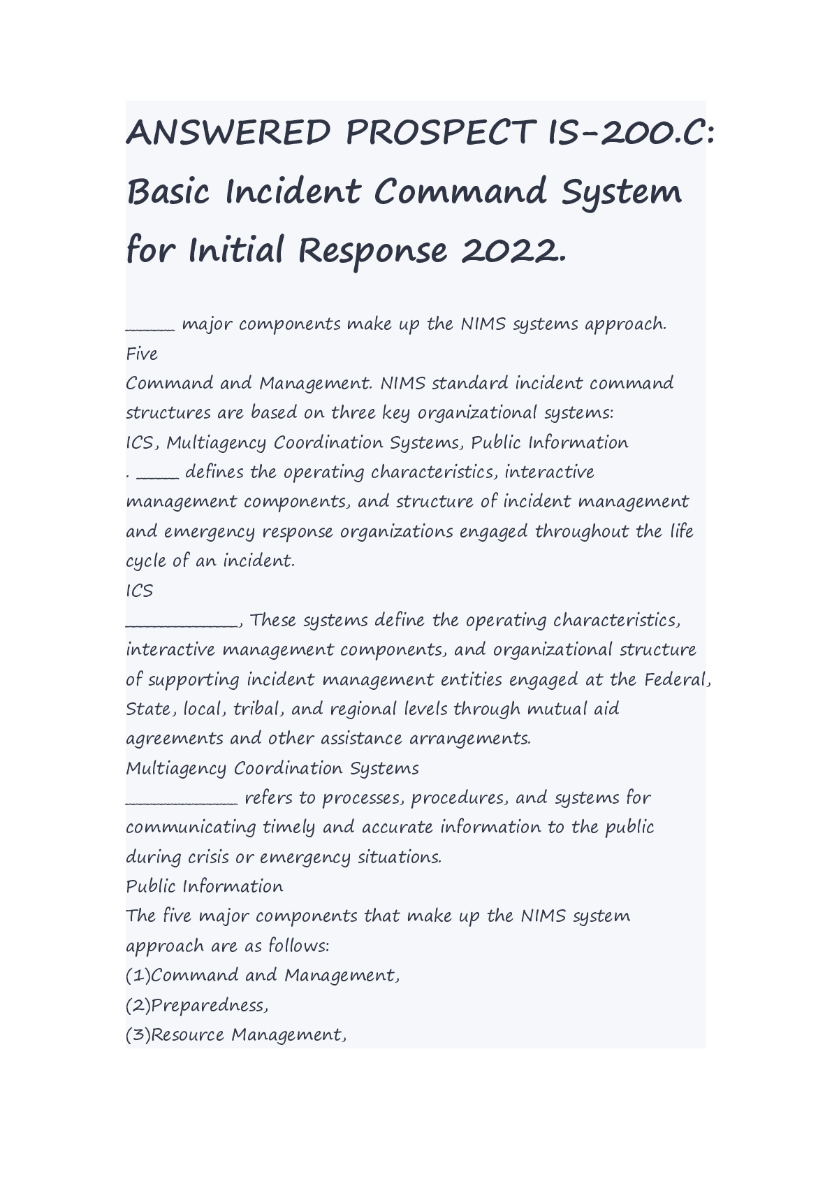 ANSWERED PROSPECT IS-200.C: Basic Incident Command System for Initial ...