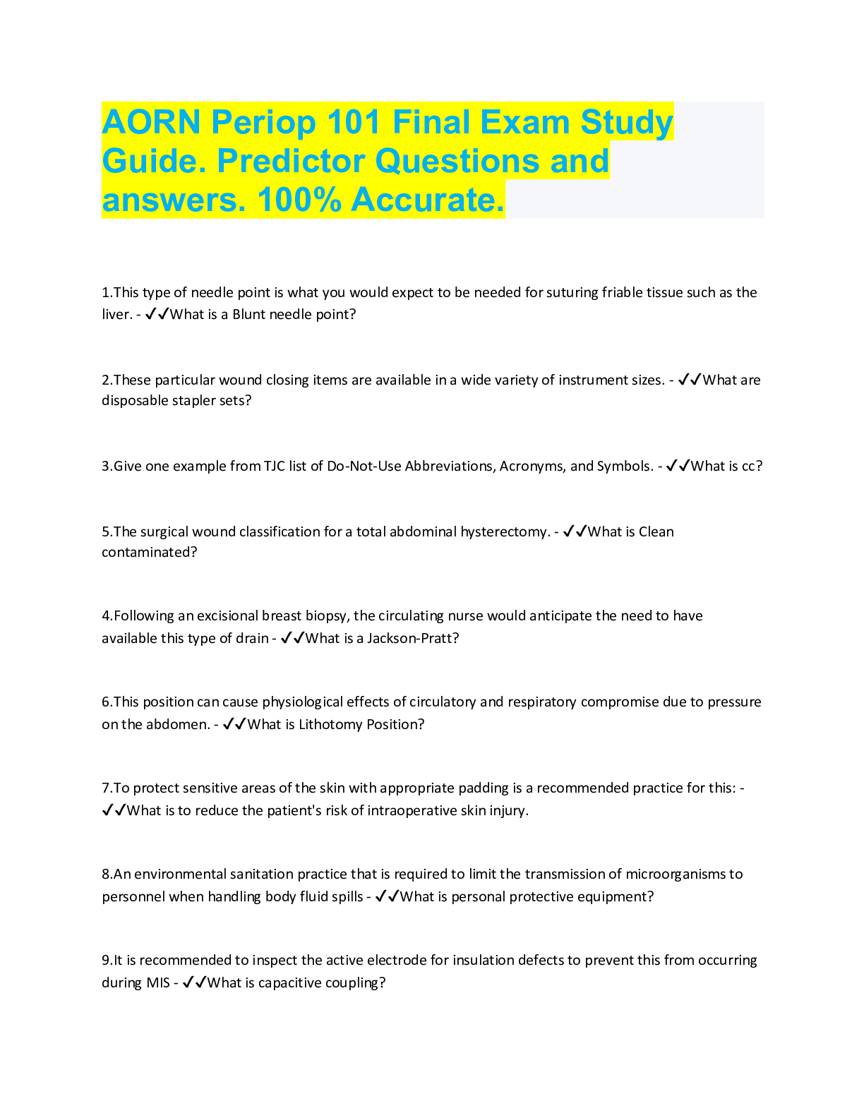 AORN Periop 101 Final Exam Study Guide. Most Tested Questions and ...