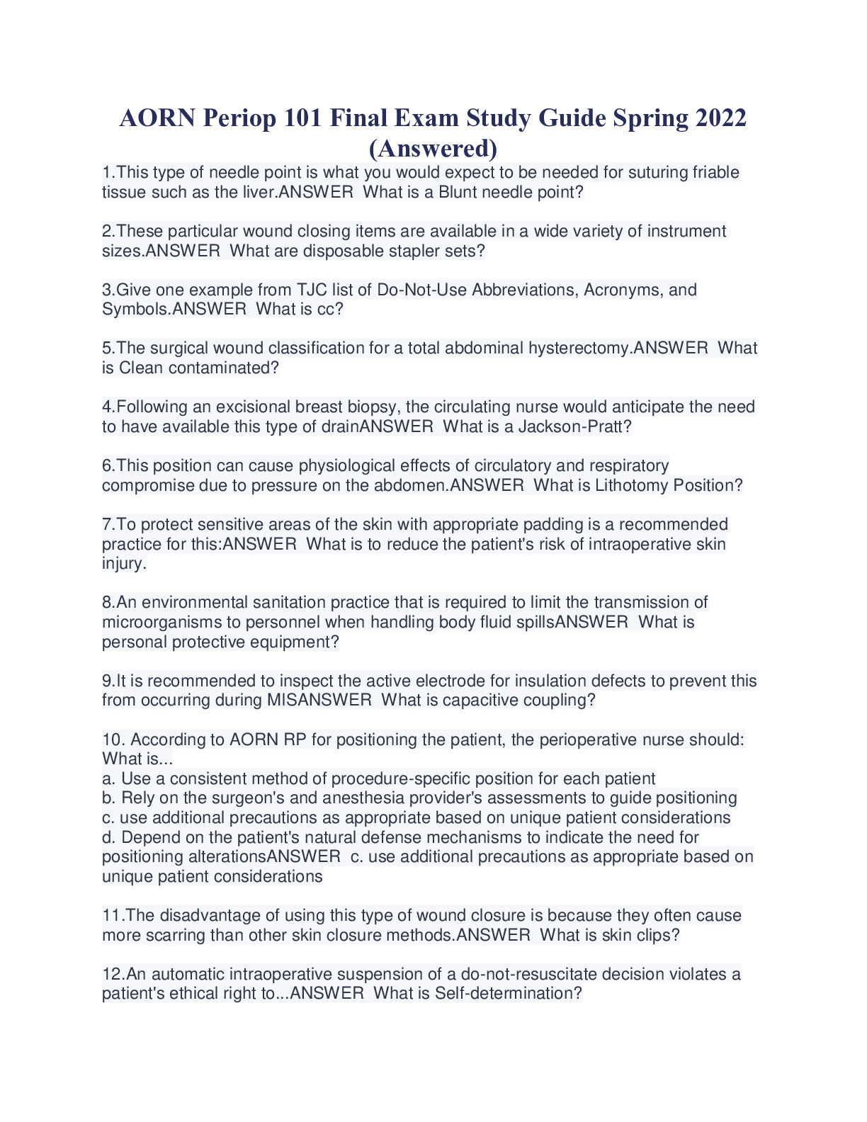 AORN Periop 101 Final Exam Study Guide Spring 2022 (Answered ...