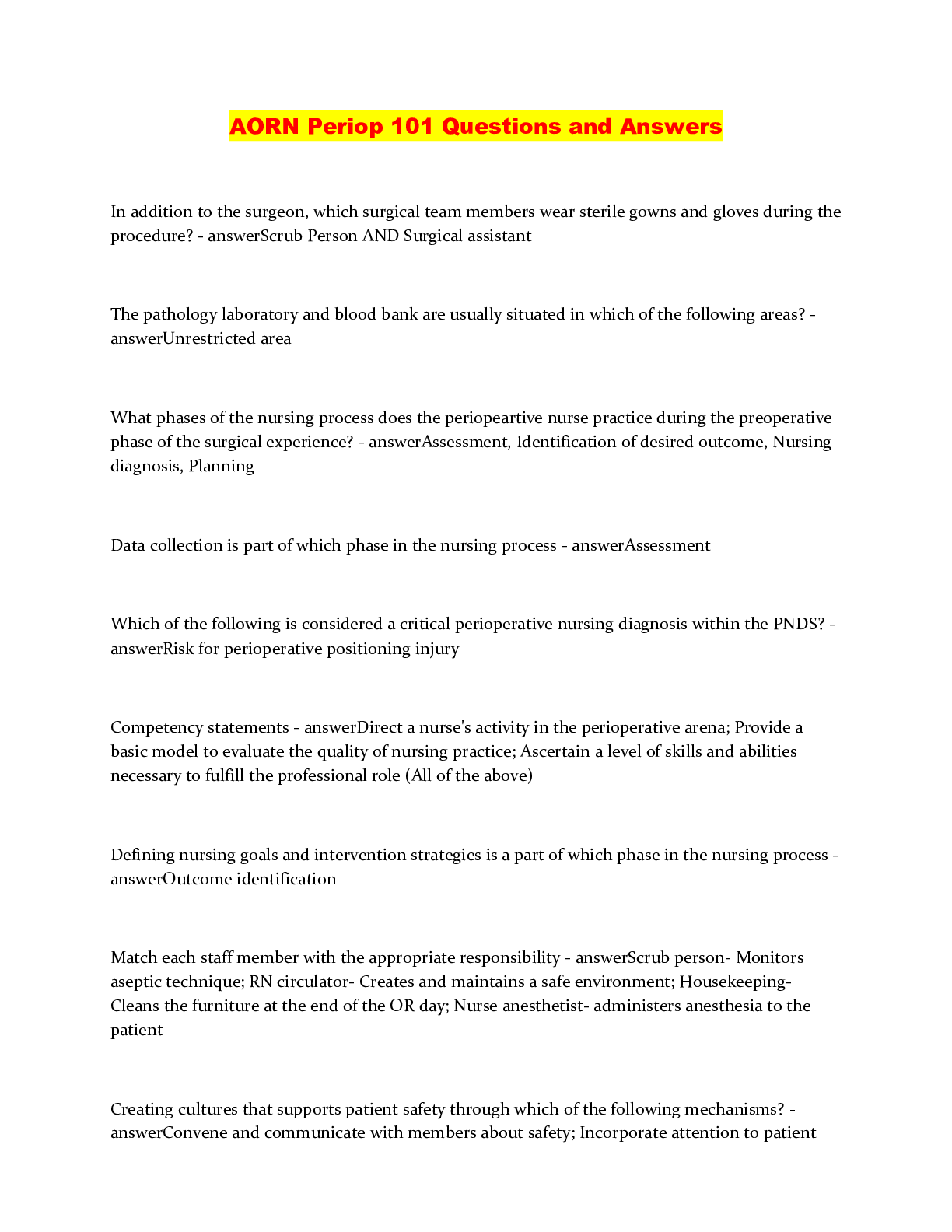 AORN Periop 101 Questions and ANSWERS – Scholarfriends - Scholarfriends