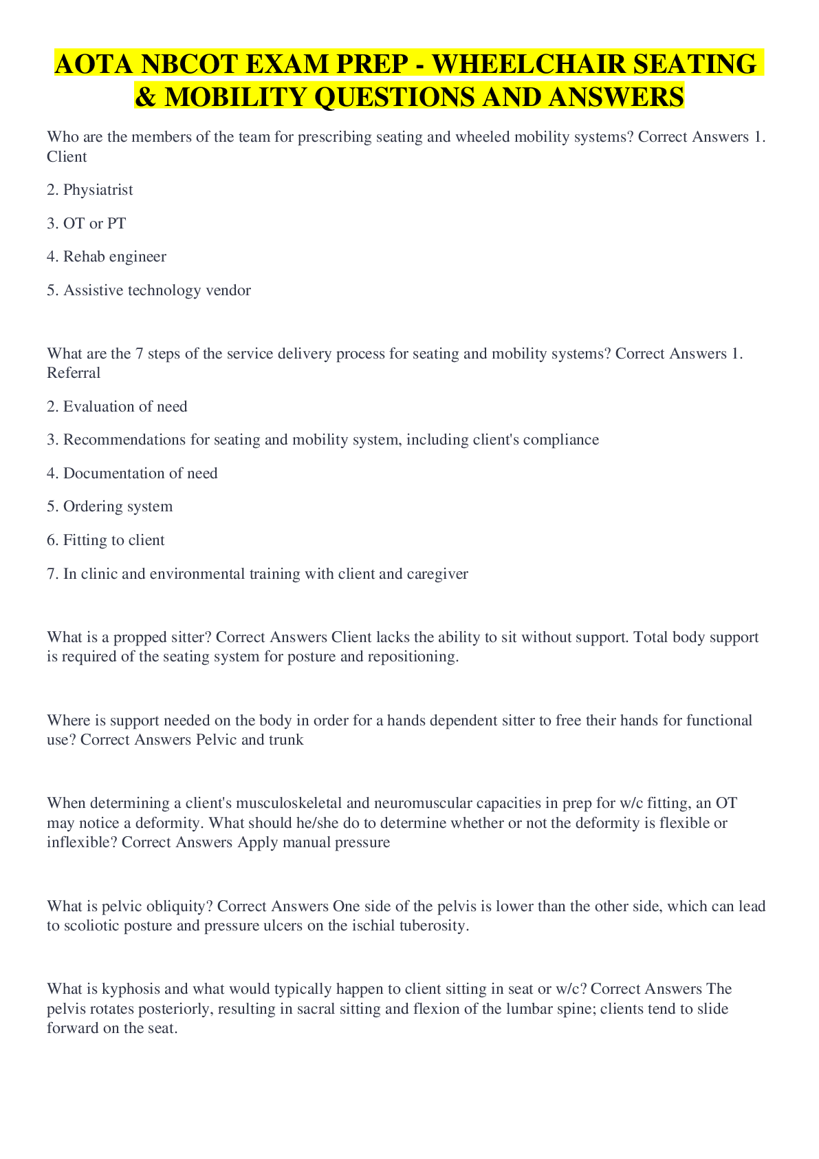 AOTA NBCOT EXAM PREP - WHEELCHAIR SEATING & MOBILITY QUESTIONS AND ...