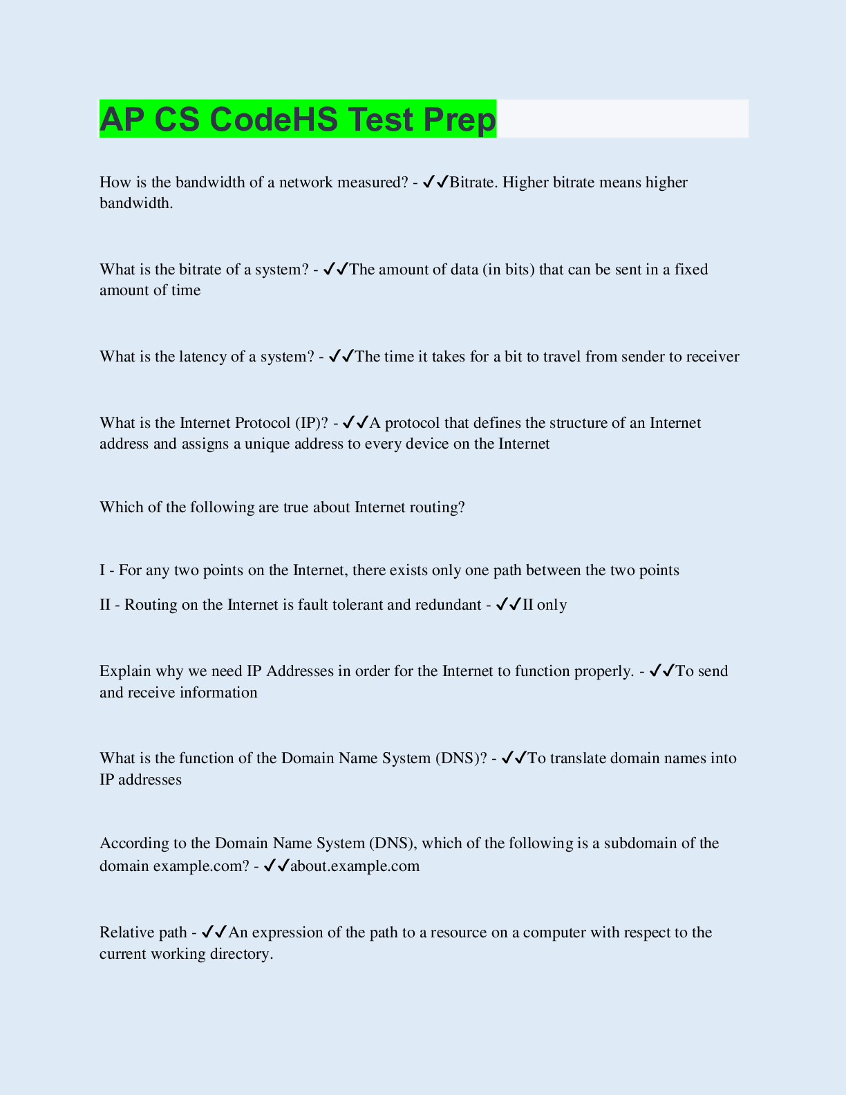 AP CS CodeHS Test Prep | 50 Questions with 100% Correct Answers ...