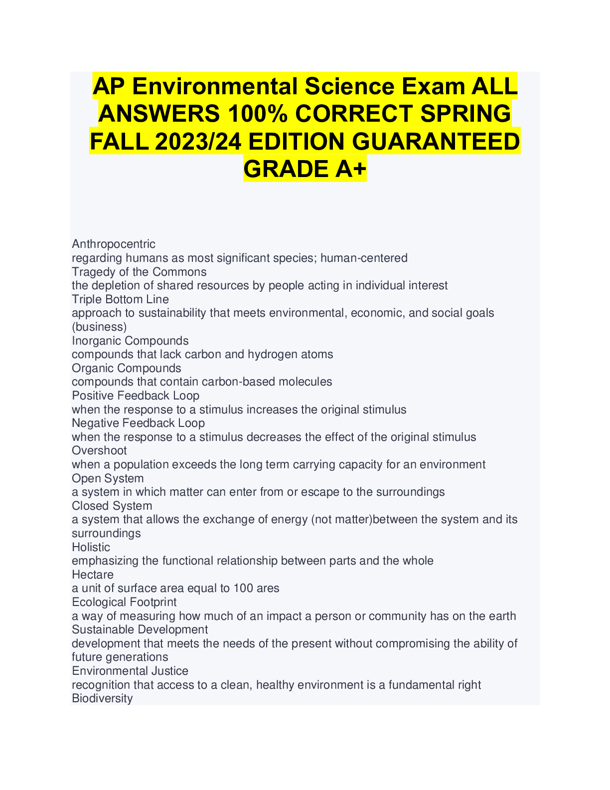 AP Environmental Science Exam ALL ANSWERS 100% CORRECT SPRING FALL 2023 ...