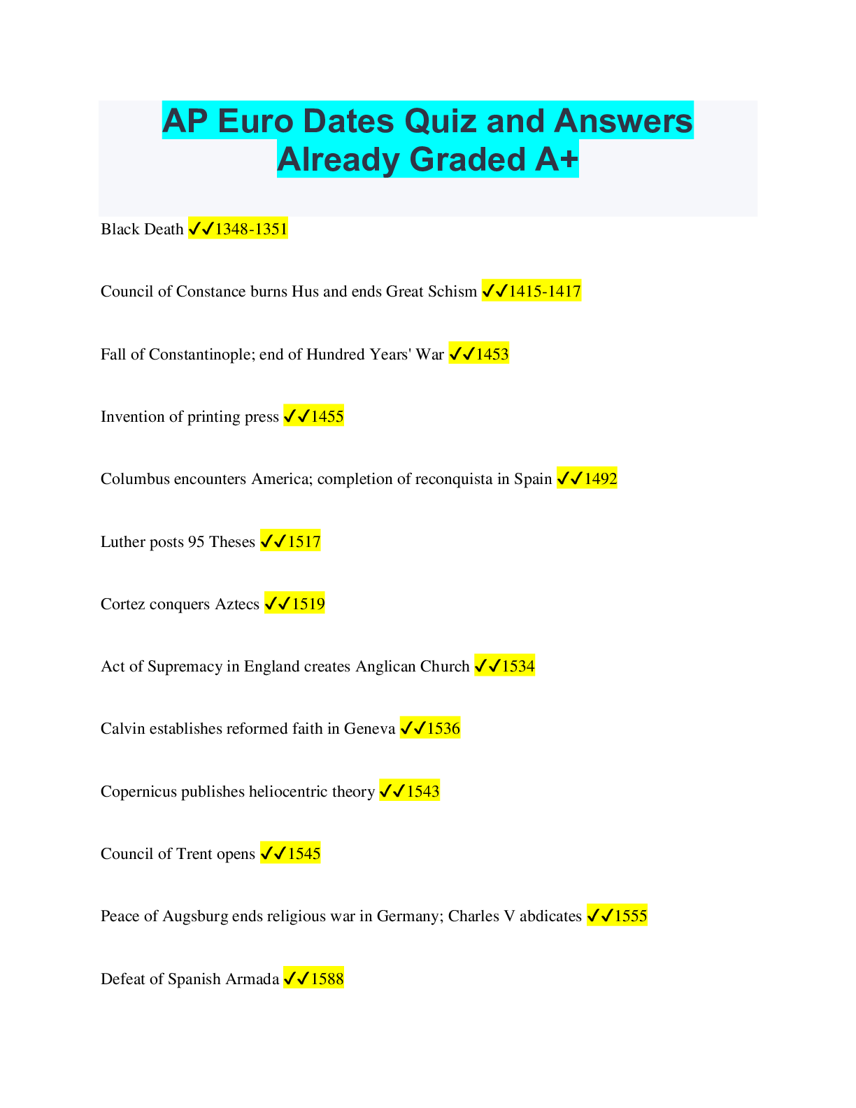 AP Euro Dates Quiz and Answers Already Graded A+ - Scholarfriends