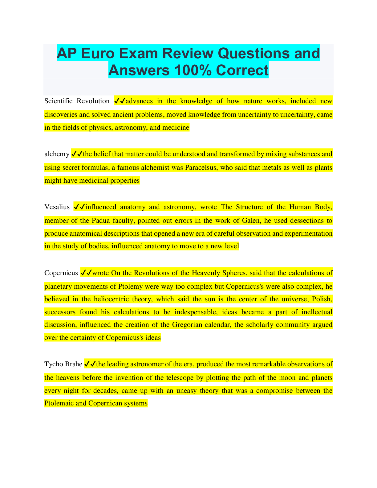 AP Euro Exam Review Questions and Answers 100% Correct – Scholarfriends ...
