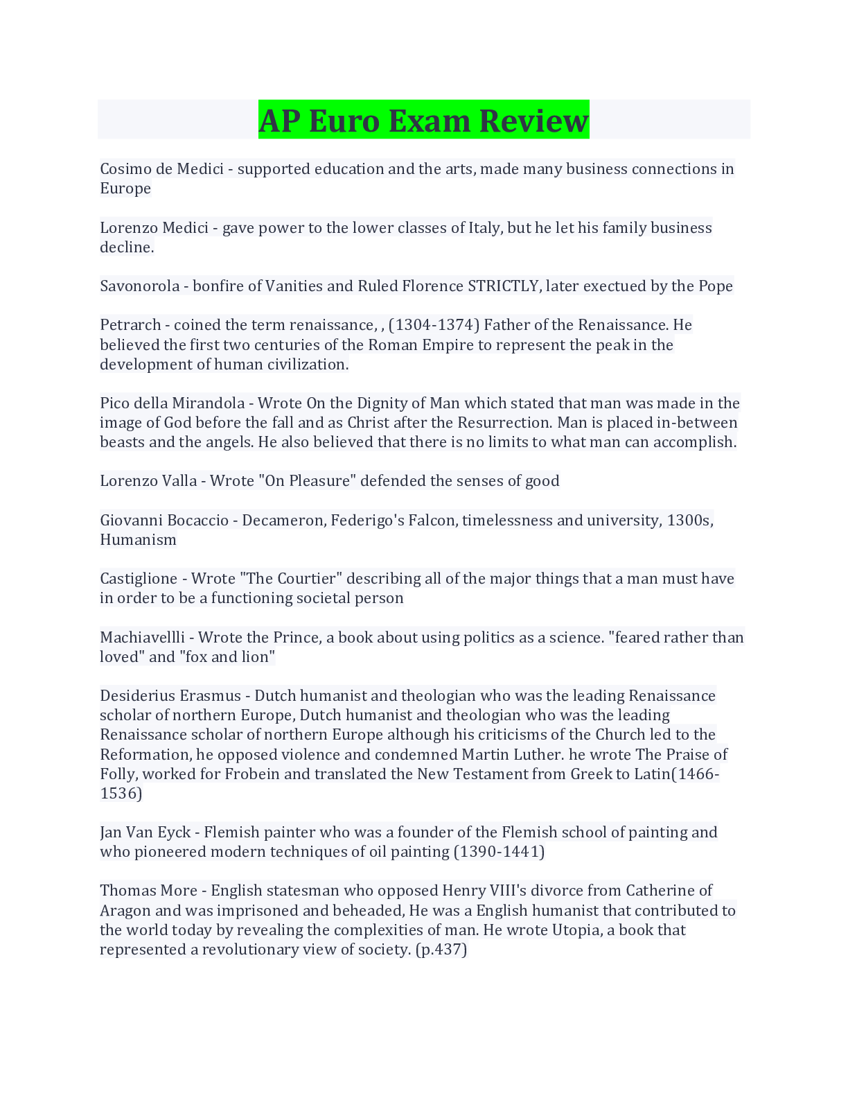 AP Euro Exam Review Latest Update 100% Correct - Scholarfriends