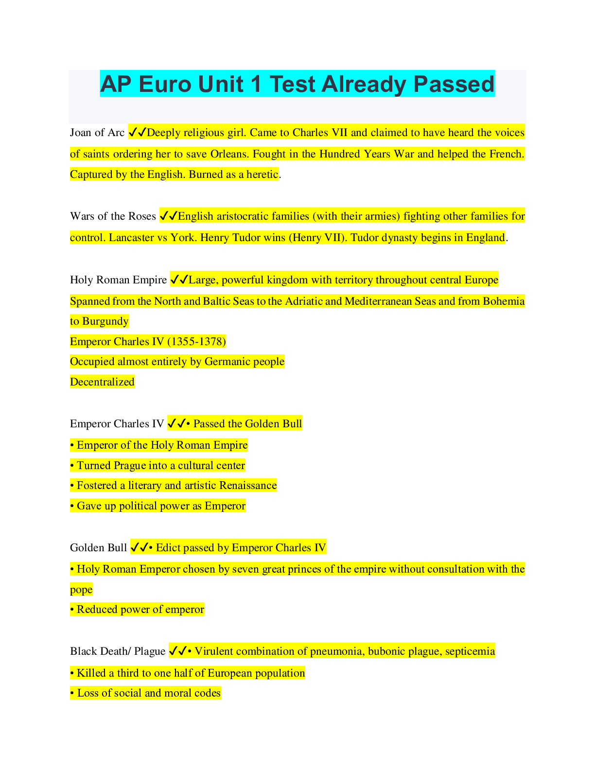 AP Euro Unit 1 Test Already Passed - Scholarfriends