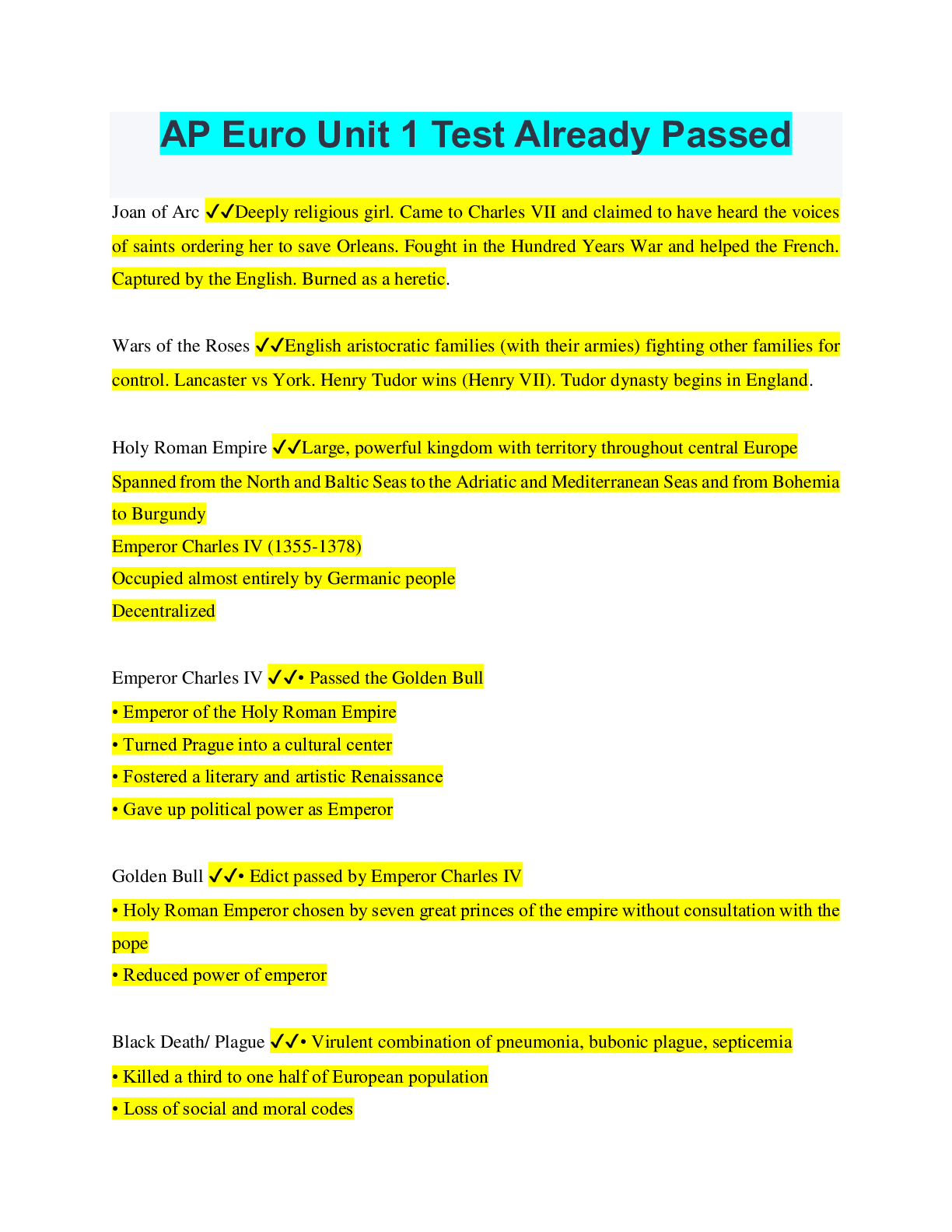 AP Euro Unit 1 Test Already Passed. Graded A+ - Scholarfriends