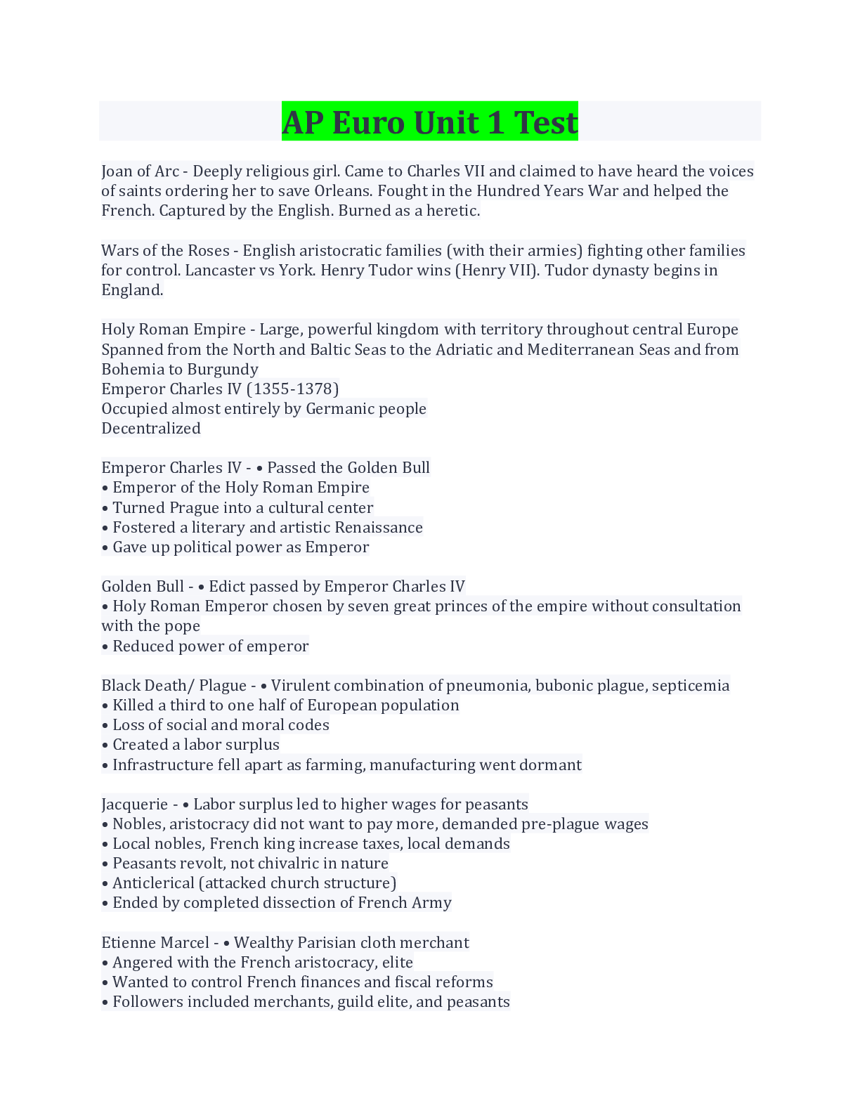 AP Euro Unit 1 Test Questions And Answers With Complete Solution ...