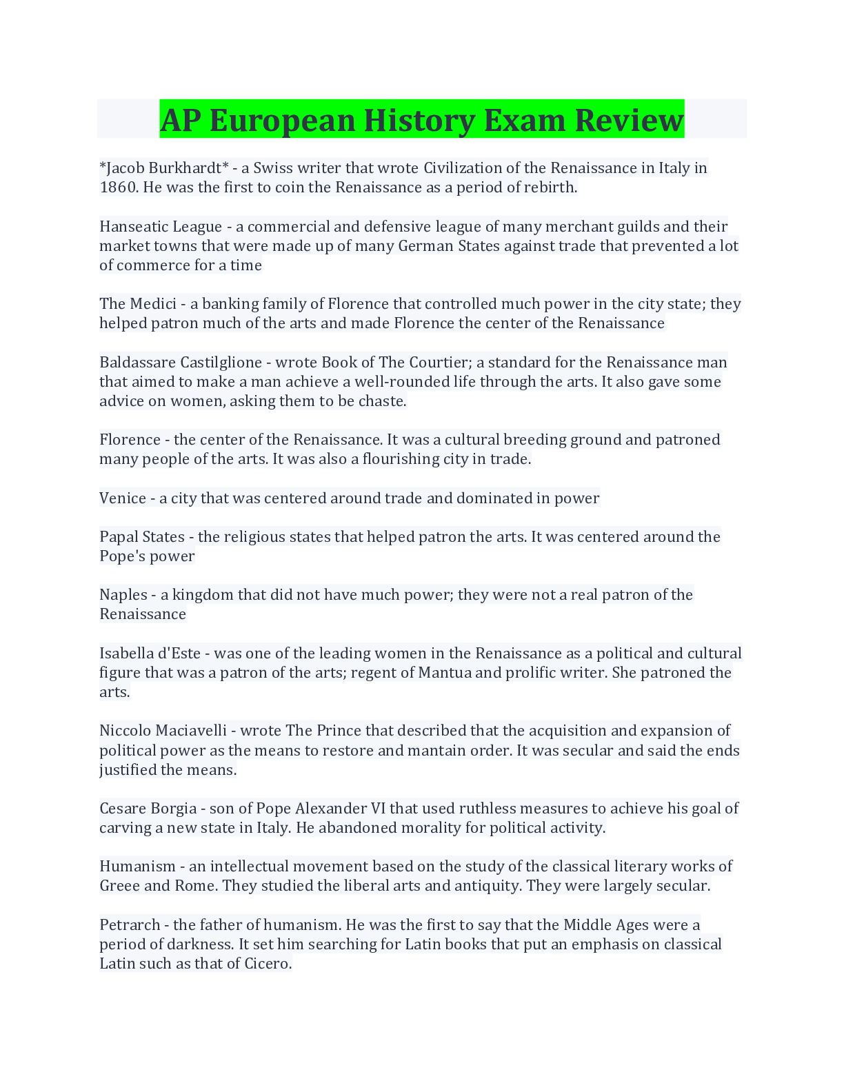 AP European History Exam Review With Complete Solution Rated A ...