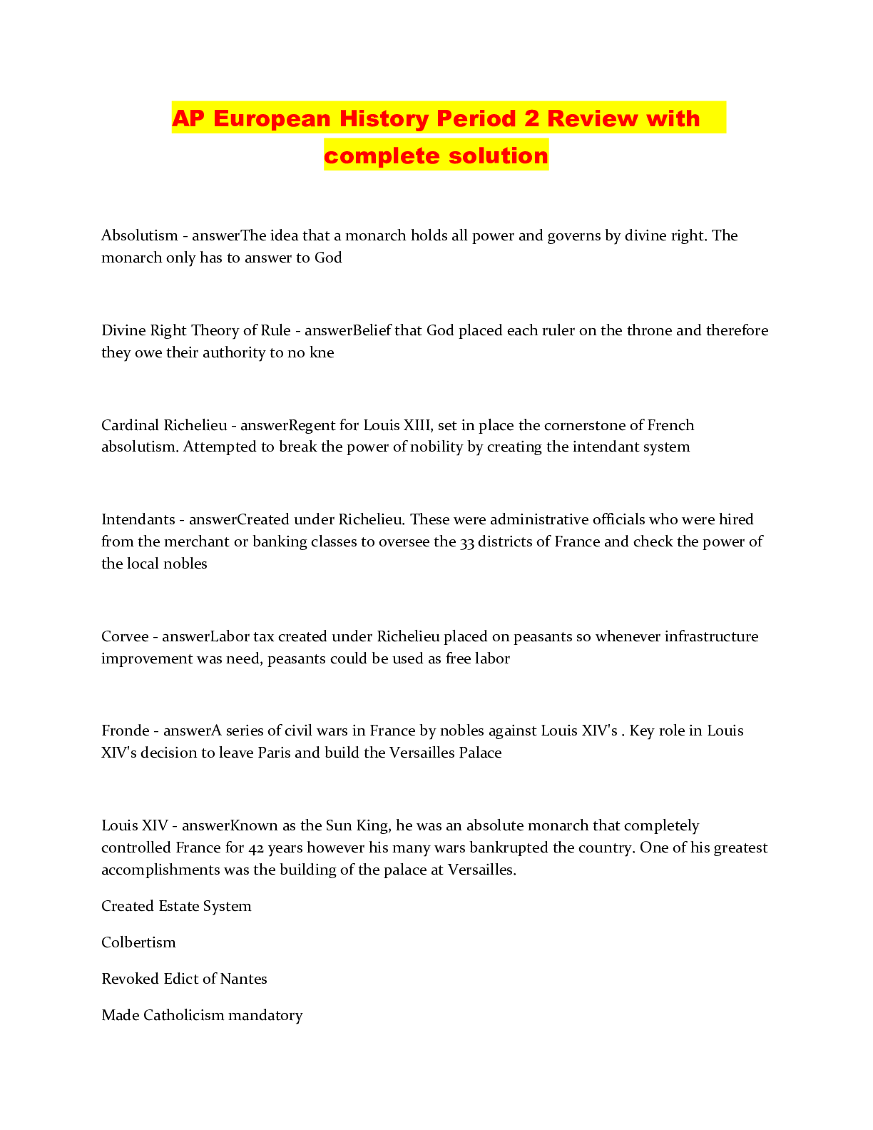 AP European History Period 2 Review with complete solution - Scholarfriends