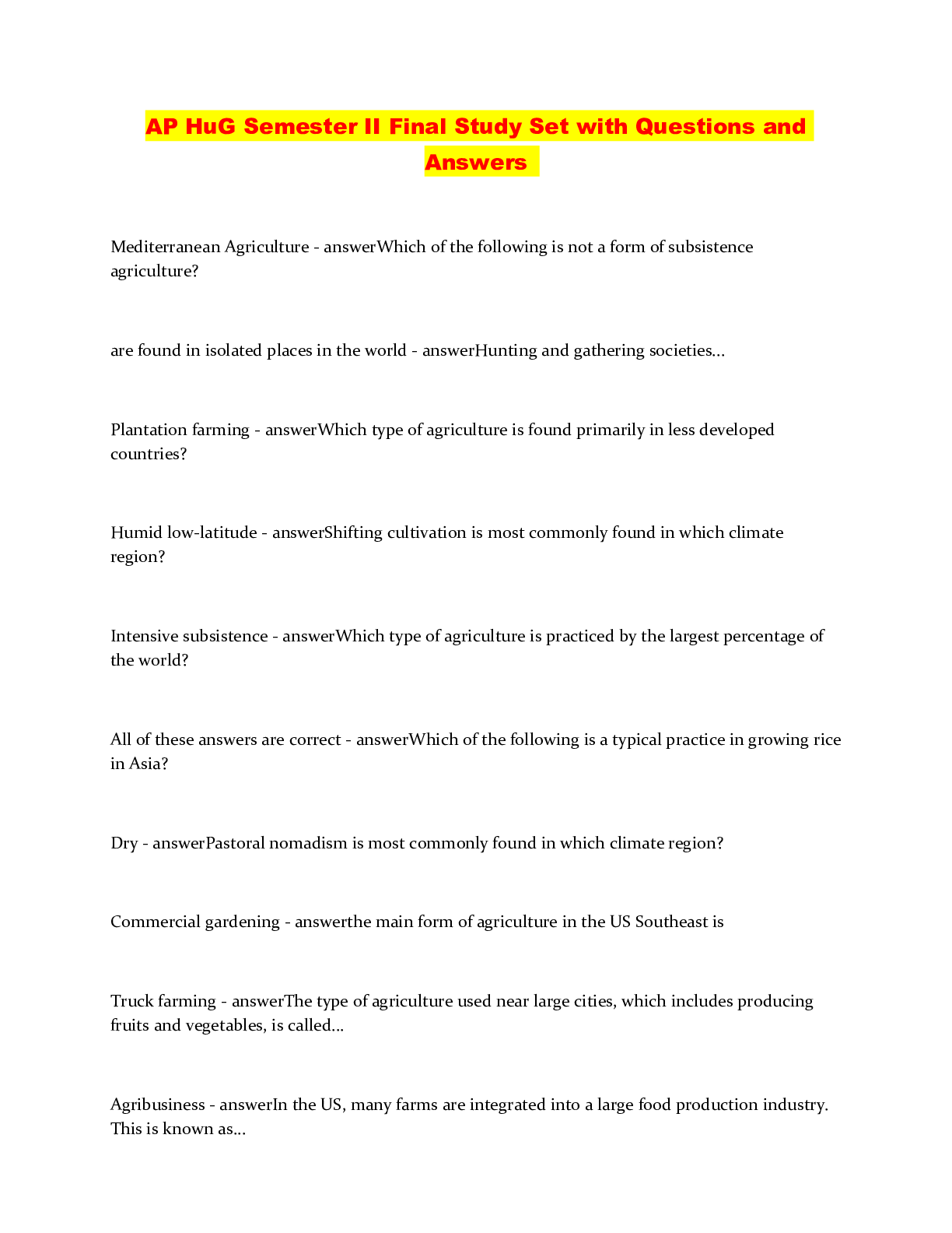 AP HuG Semester II Final Study Set with Questions and Answers ...