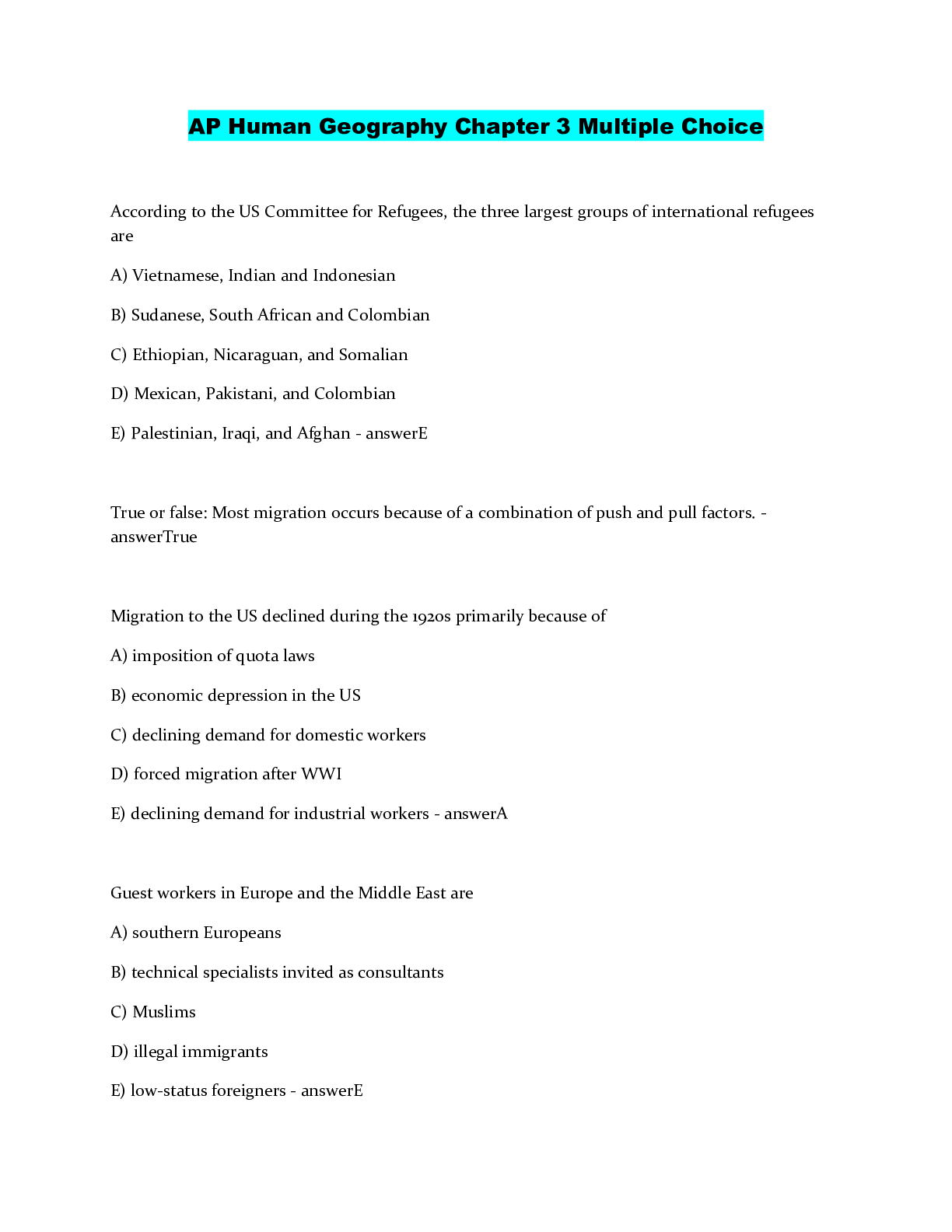 AP Human Geography Chapter 3 Multiple Choice - Scholarfriends