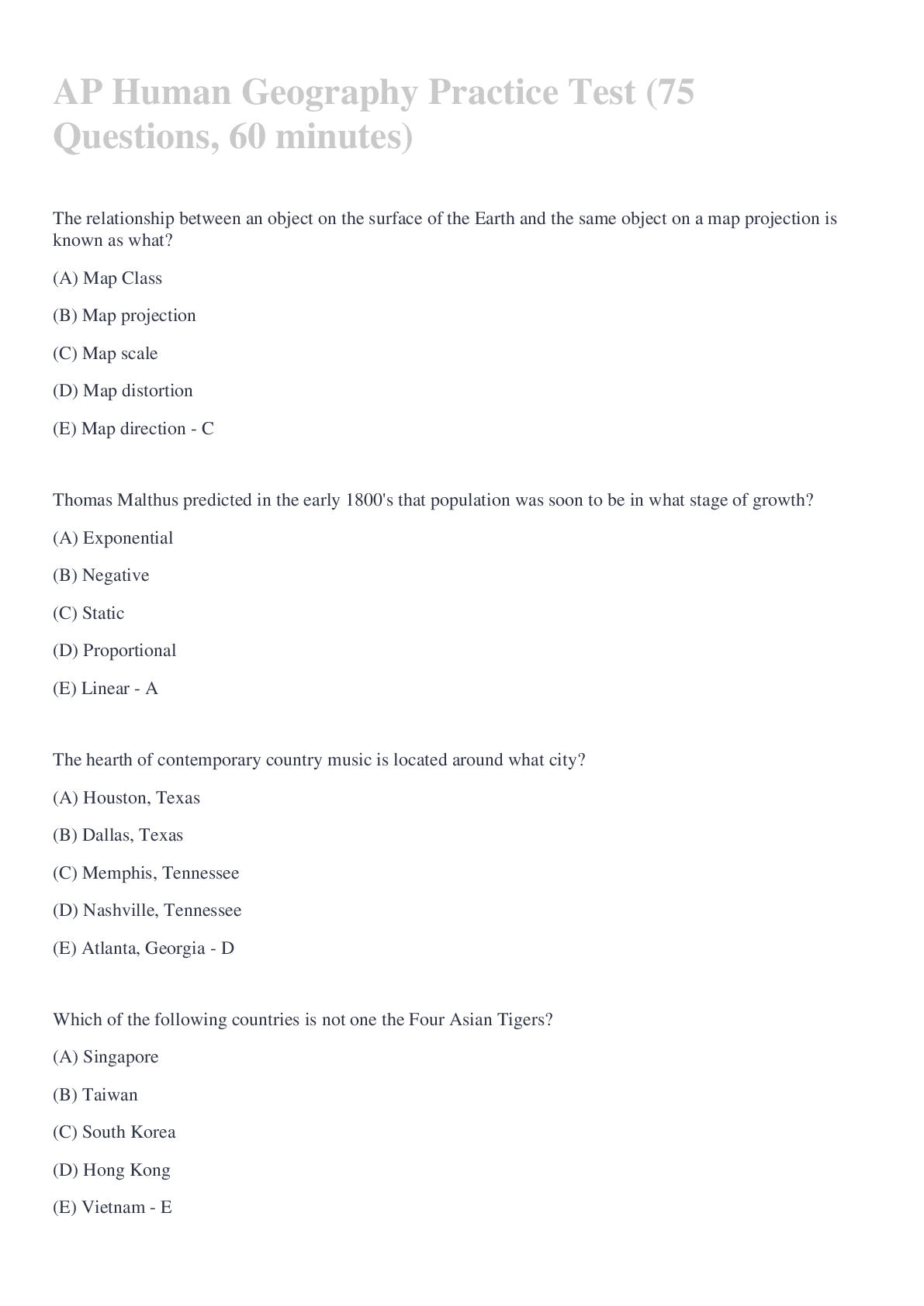 AP Human Geography Practice Test (75 Questions, 60 minutes ...