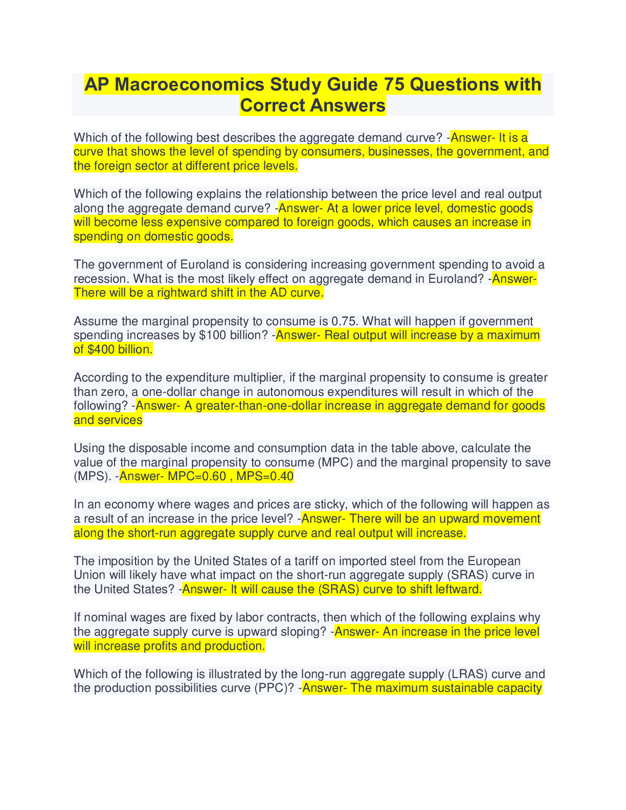 AP Macroeconomics Study Guide 75 Questions with Correct Answers ...