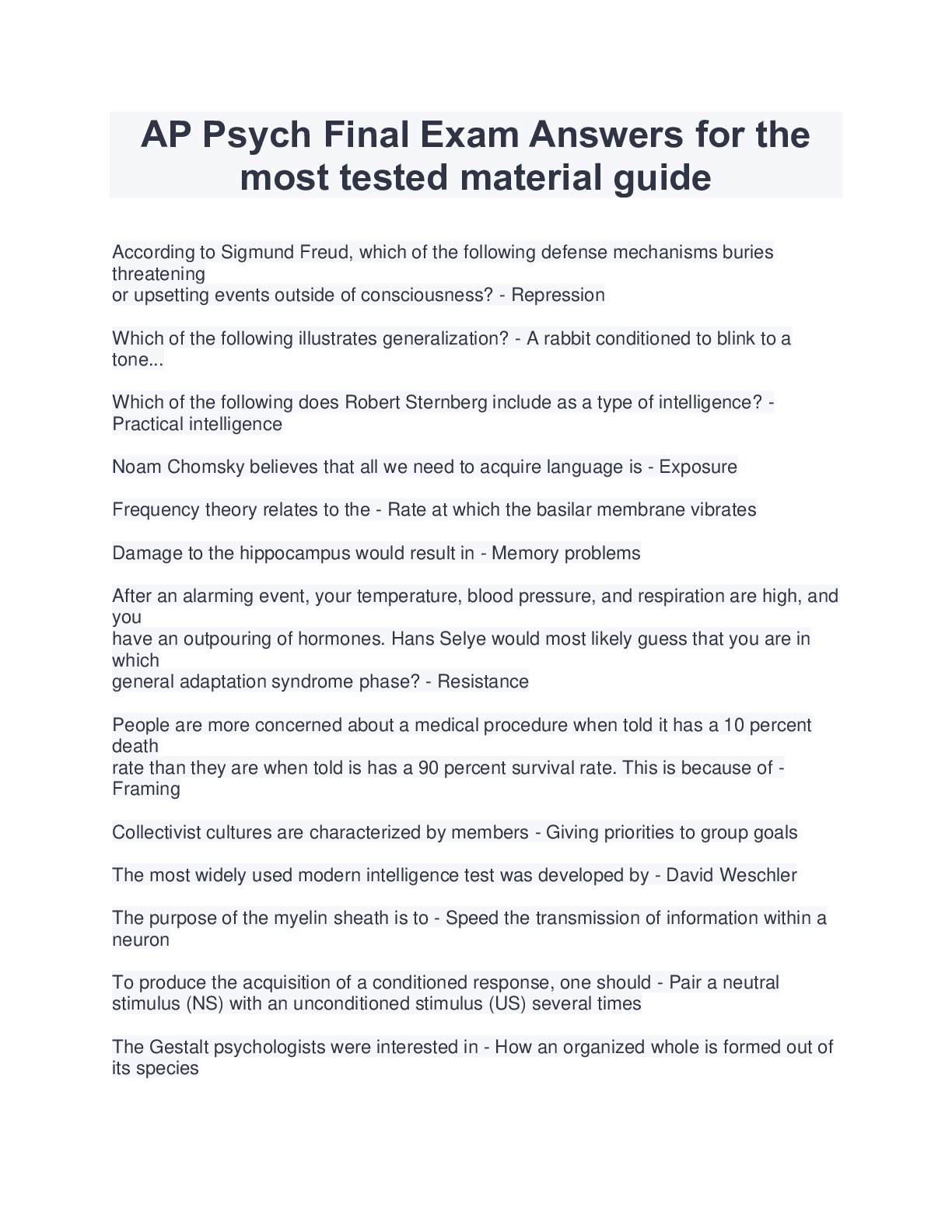 AP Psych Final Exam Answers for the most tested material guide ...