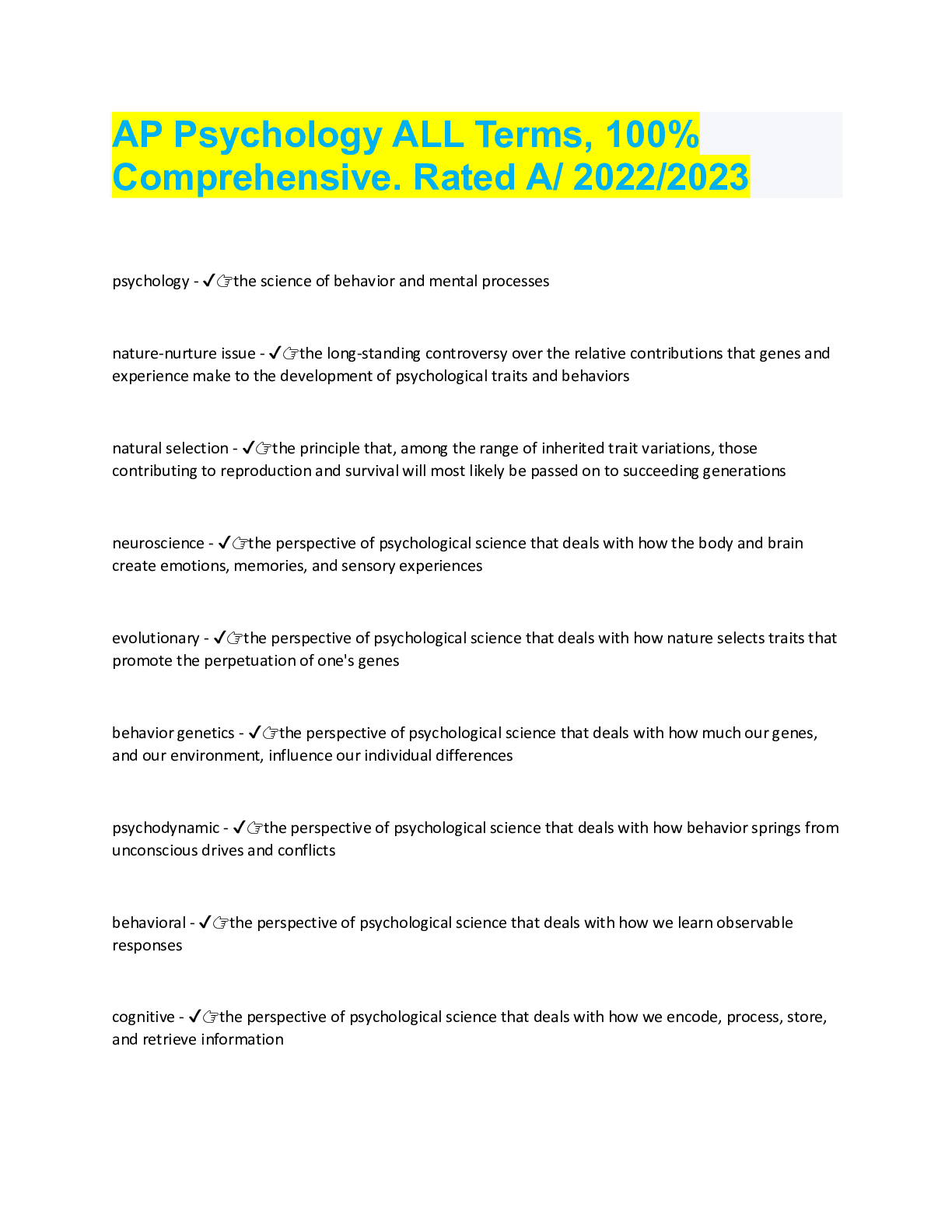 AP Psychology ALL Terms, 100% Comprehensive. Rated A/ 2022/2023 ...