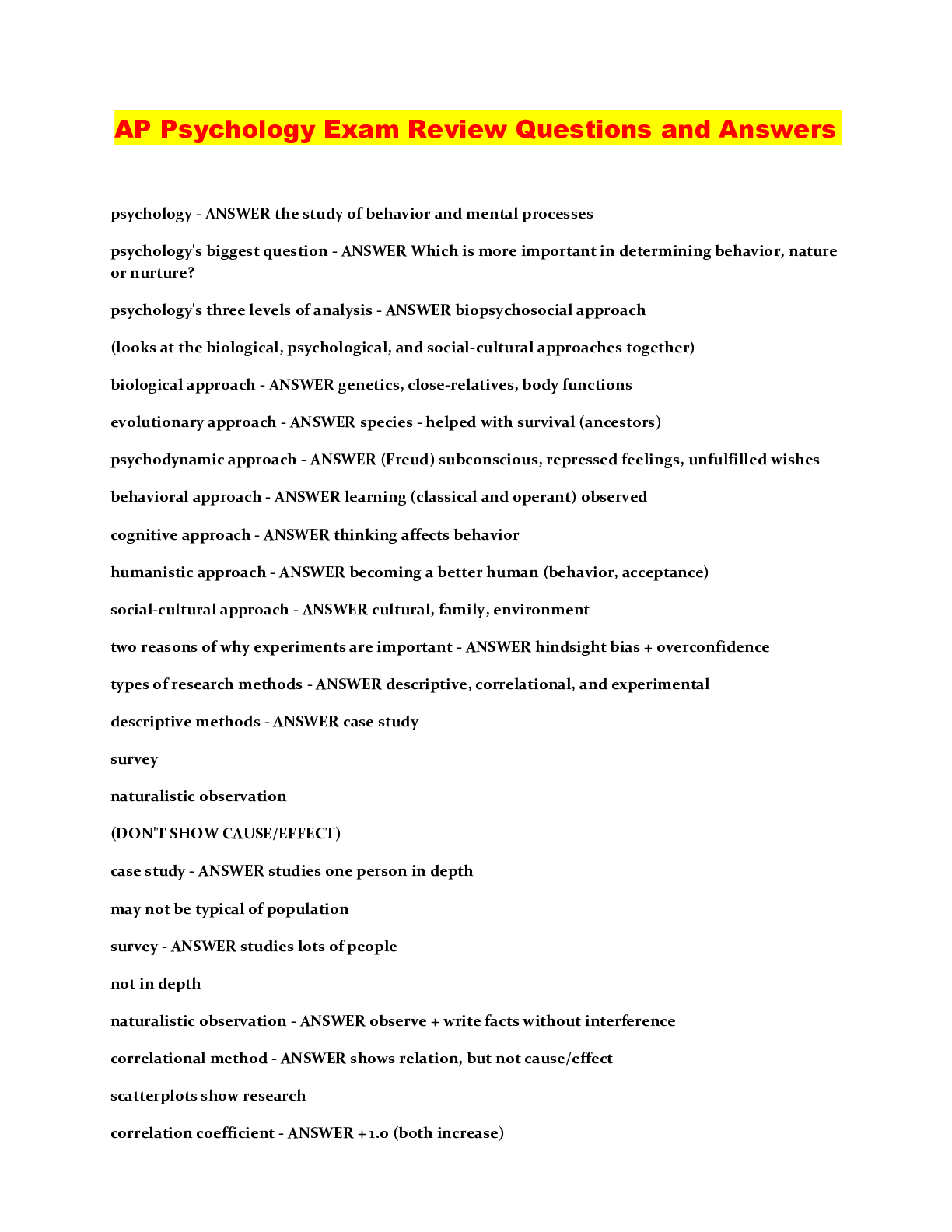 AP Psychology Exam Review Questions and Answers - Scholarfriends