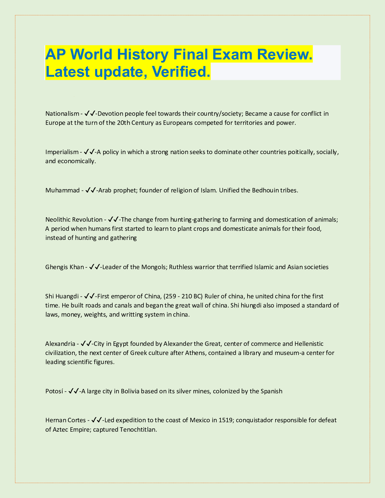 AP World History Final Exam Review. Latest update, Verified ...