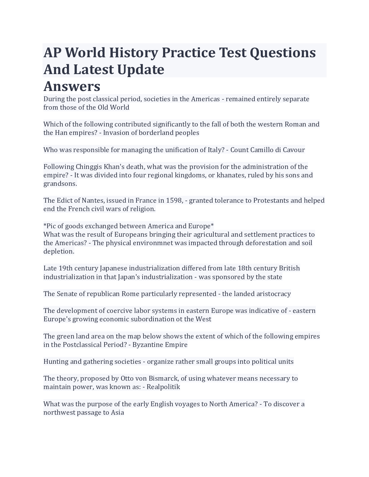 AP World History Practice Test Questions And Answers Latest Update ...