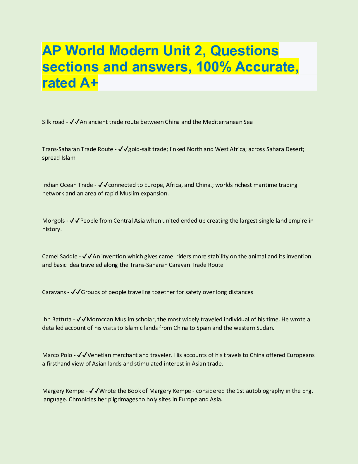 AP World Modern Unit 2, Questions sections and answers, 100% Accurate ...
