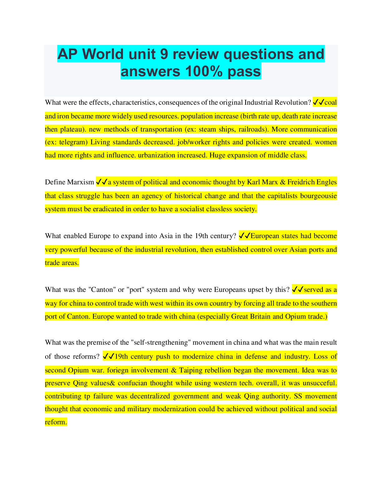 AP World unit 9 review questions and answers 100% pass - Scholarfriends