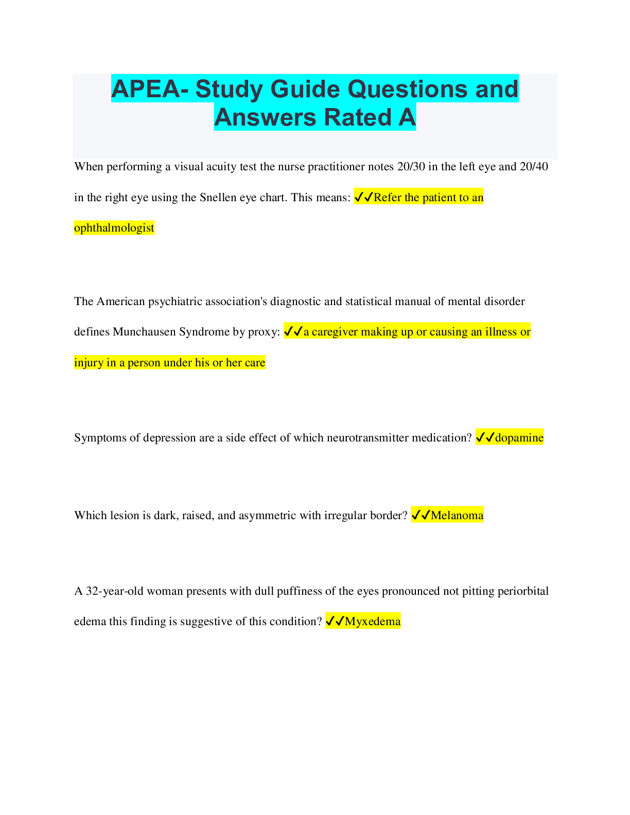 APEA- Study Guide Questions and Answers Rated A - Scholarfriends