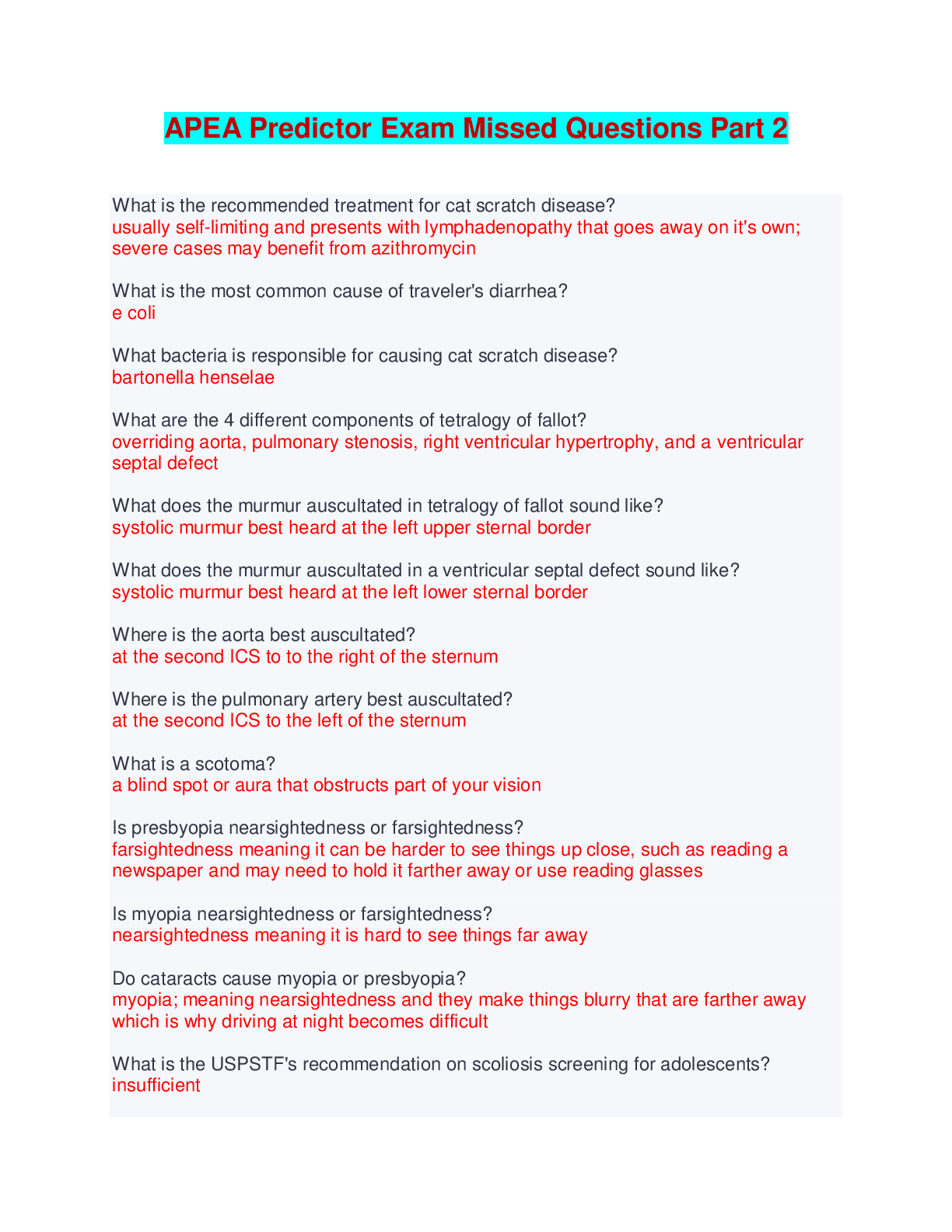 APEA Predictor Exam Missed Questions Part 2, Questions with accurate ...