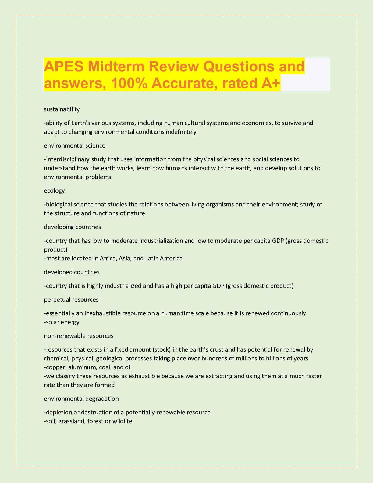 APES Midterm Review Questions and answers, 100% Accurate, rated A+ ...