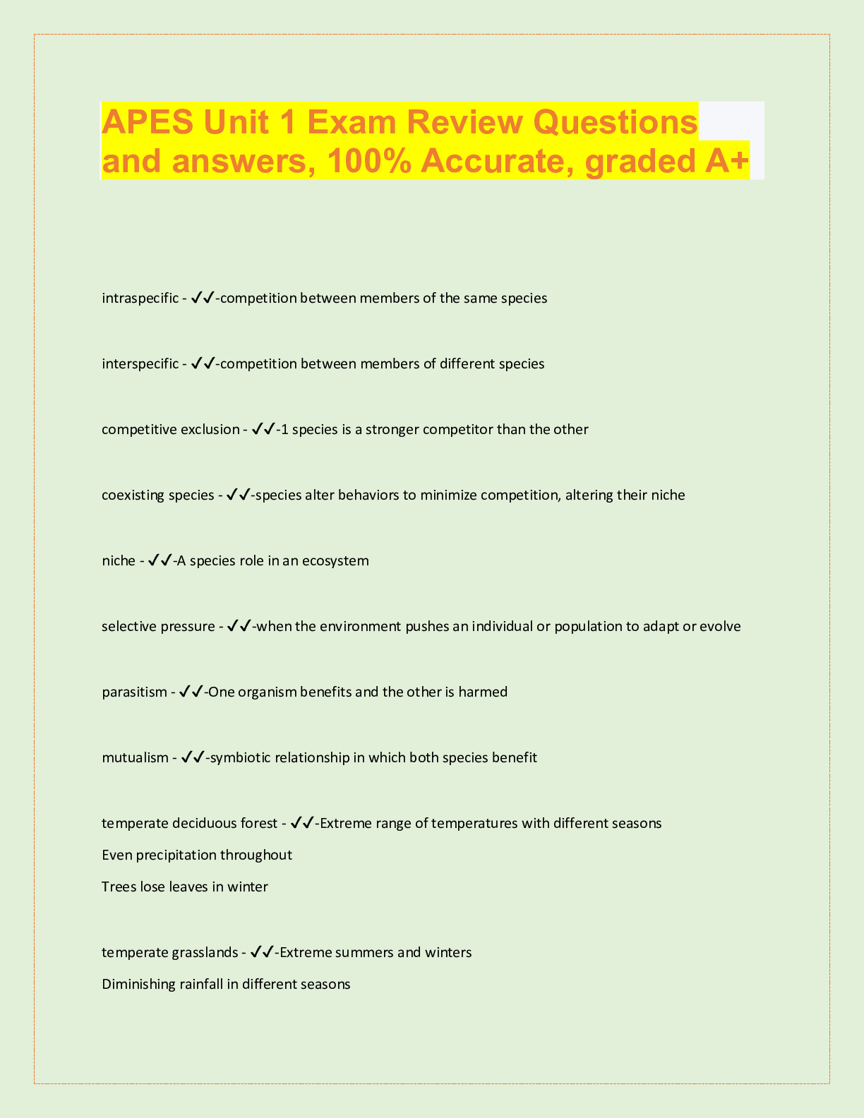 APES Unit 1 Exam Review Questions and answers, 100% Accurate, graded A+ ...