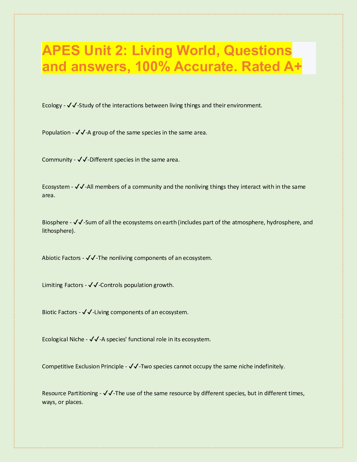 APES Unit 2: Living World, Questions and answers, 100% Accurate. Rated ...