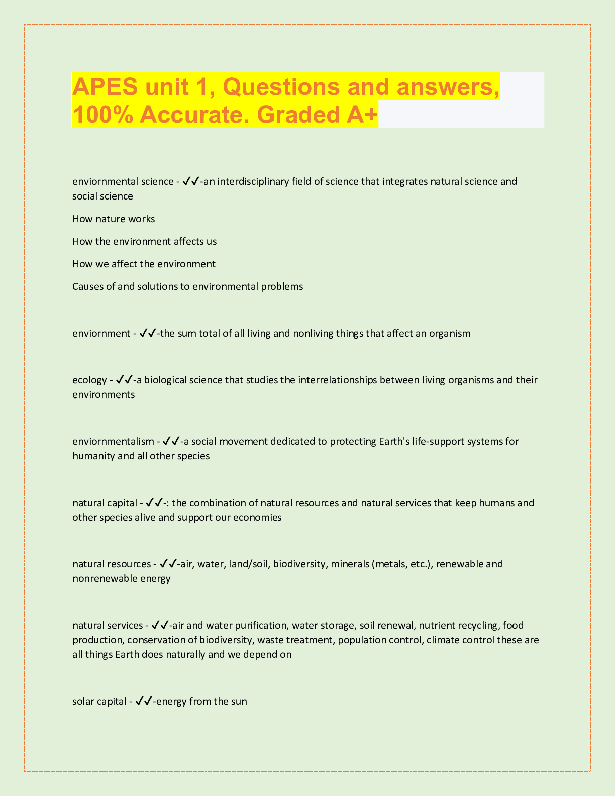 APES unit 1, Questions and answers, 100% Accurate. Graded A+ ...