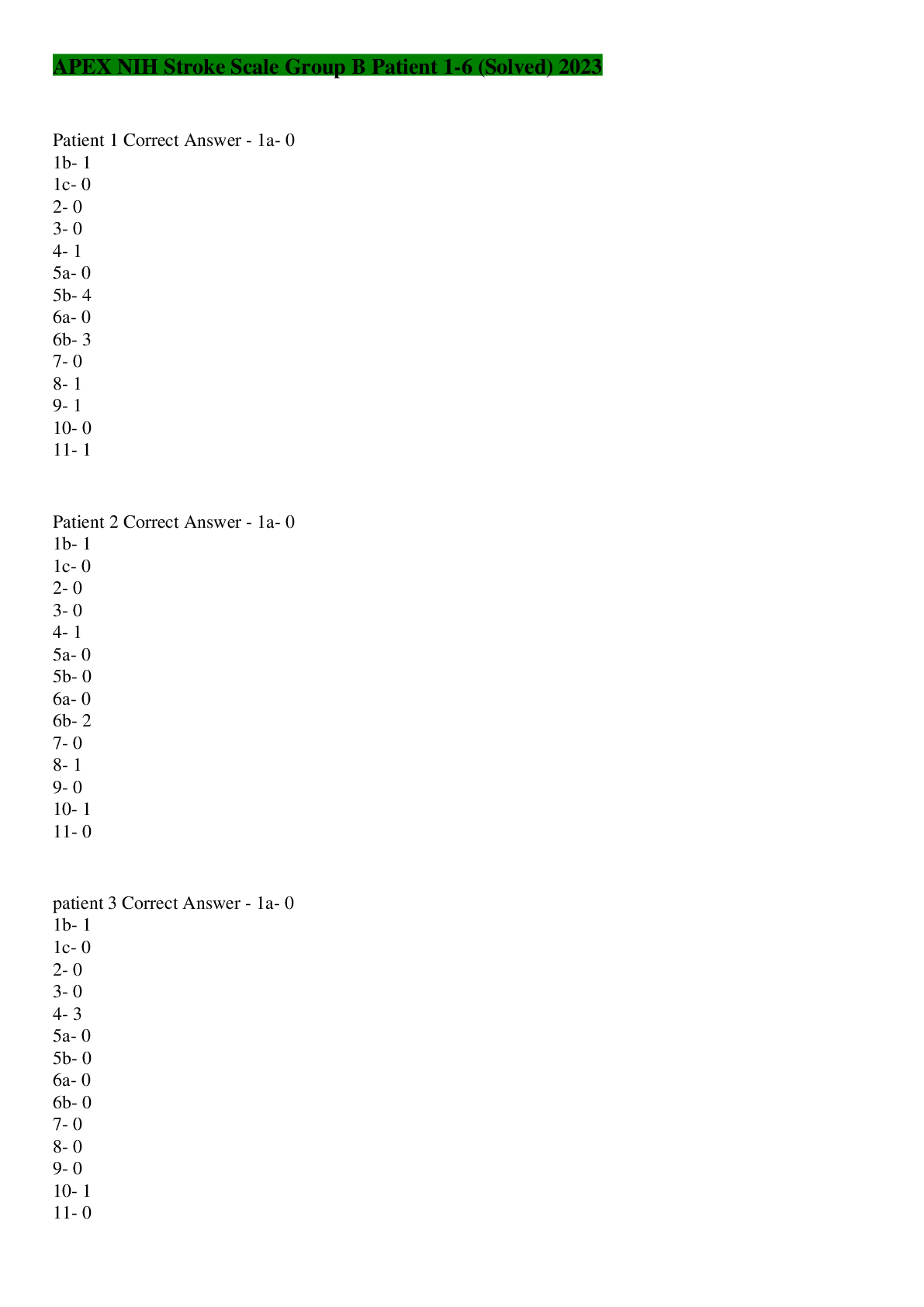APEX NIH Stroke Scale Group A Patient 1-6 APEX NIH Stroke Scale Group B ...