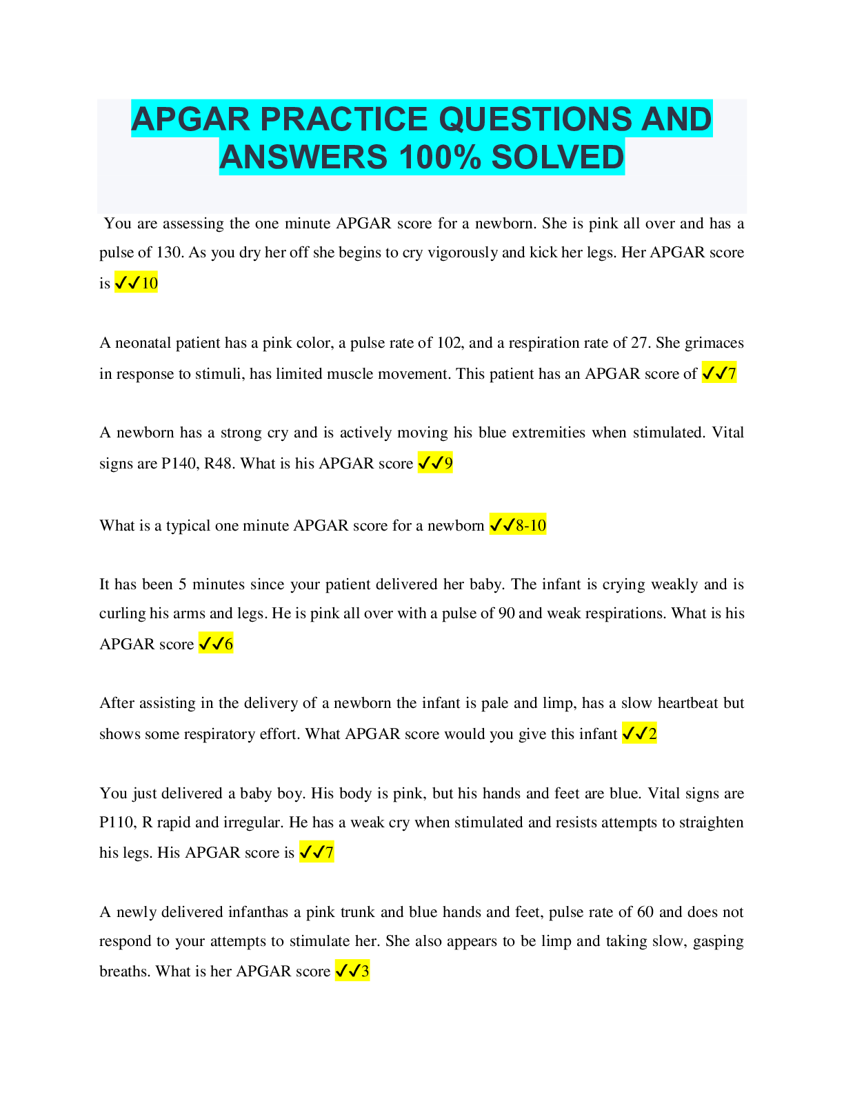 APGAR PRACTICE QUESTIONS AND ANSWERS 100% SOLVED - Scholarfriends