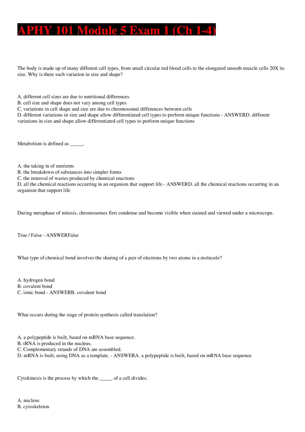 APHY 101 Module 5 Exam 1 (Ch 1-4) - Scholarfriends