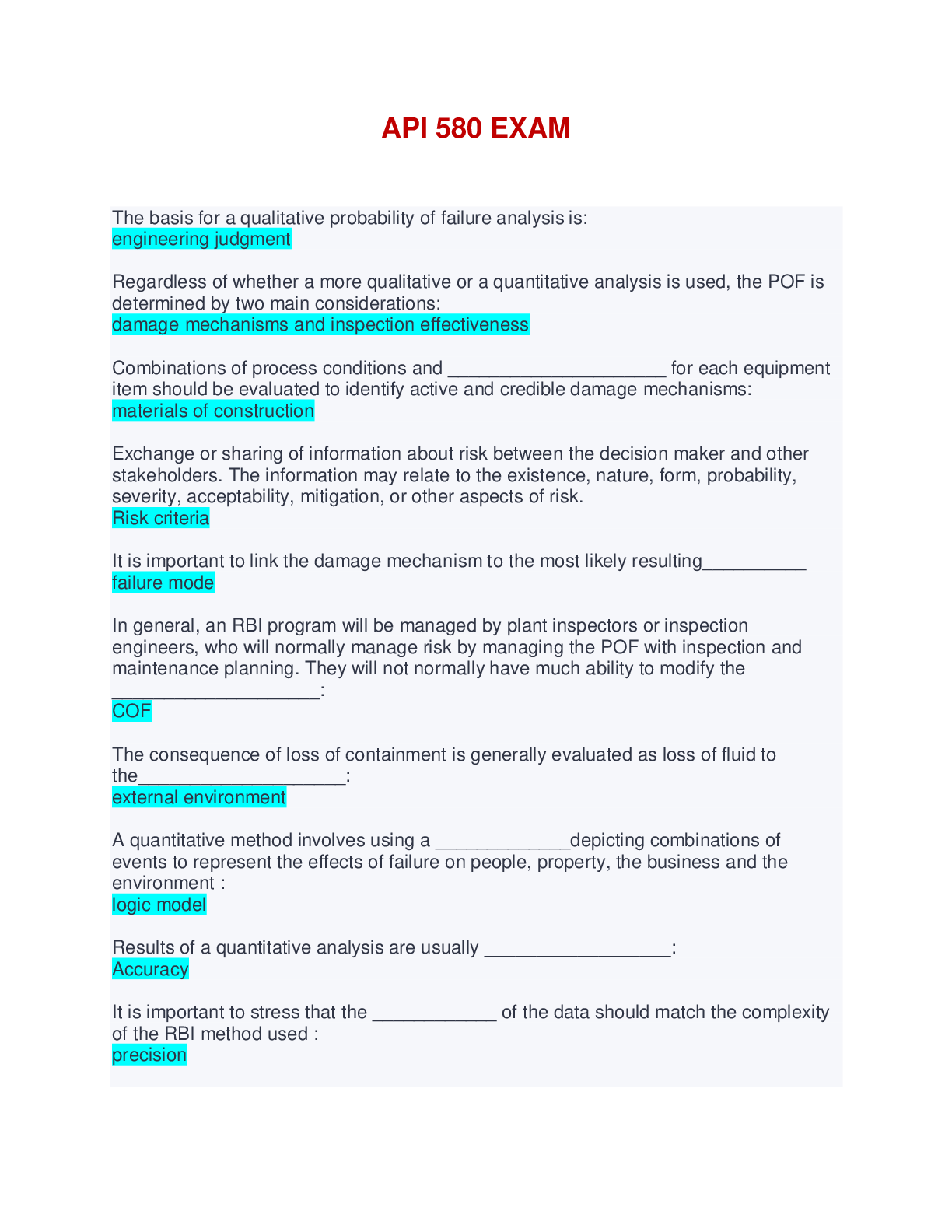 API 580 EXAM 2022 - 130 Questions and Answers - Scholarfriends