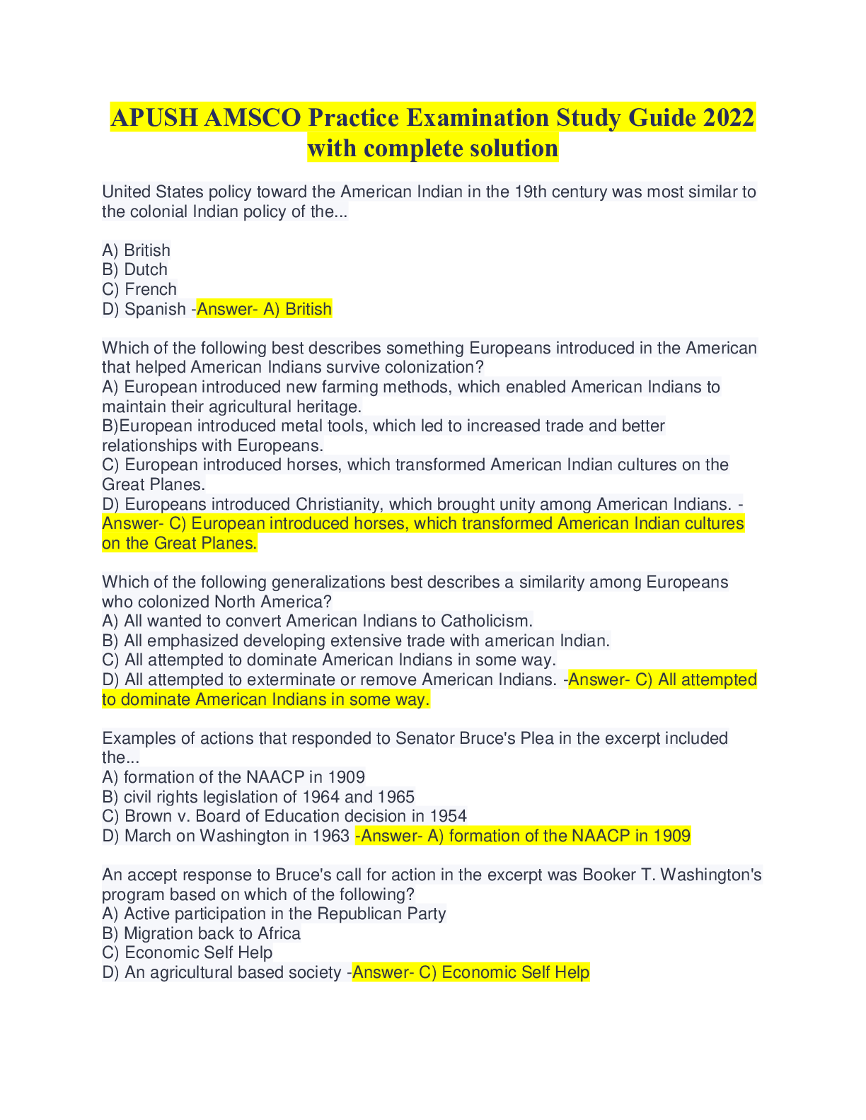 APUSH AMSCO Practice Examination Study Guide 2022 with complete ...