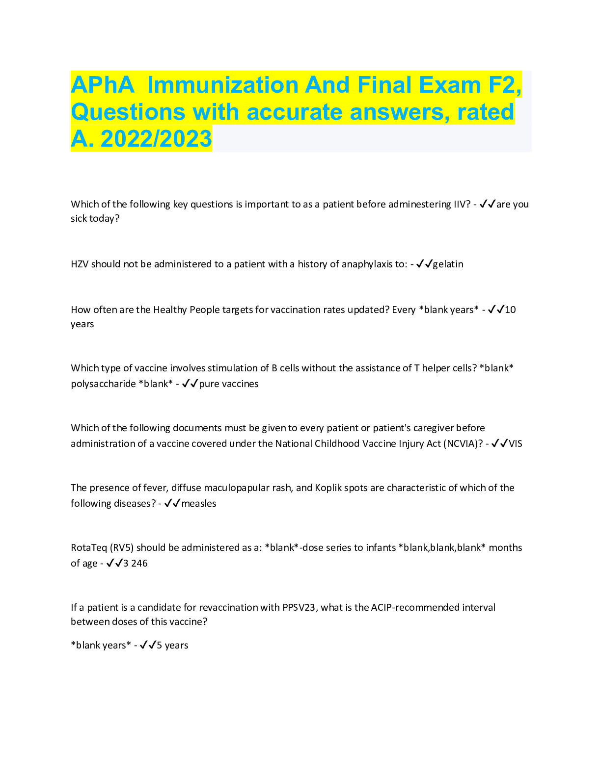 APhA Immunization And Final Exam F2, Questions with accurate answers ...