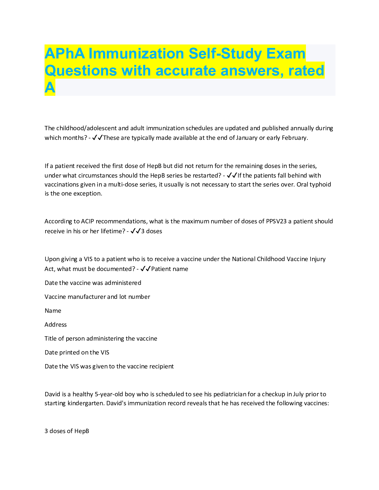 APhA Immunization Self-Study Assessment Questions And Answers With ...